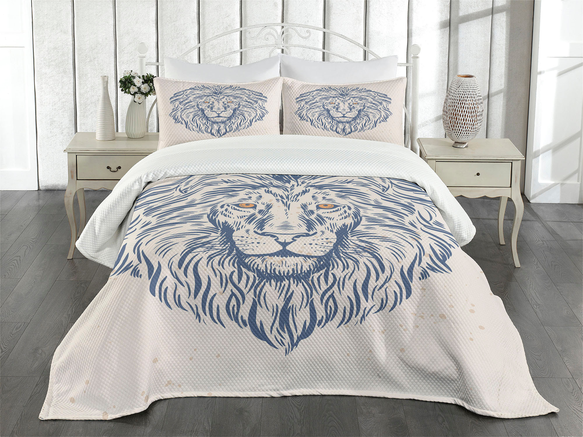 Ambesonne Lion Bedspread Set Animal Portrait Wildlife Slate Blue and ...