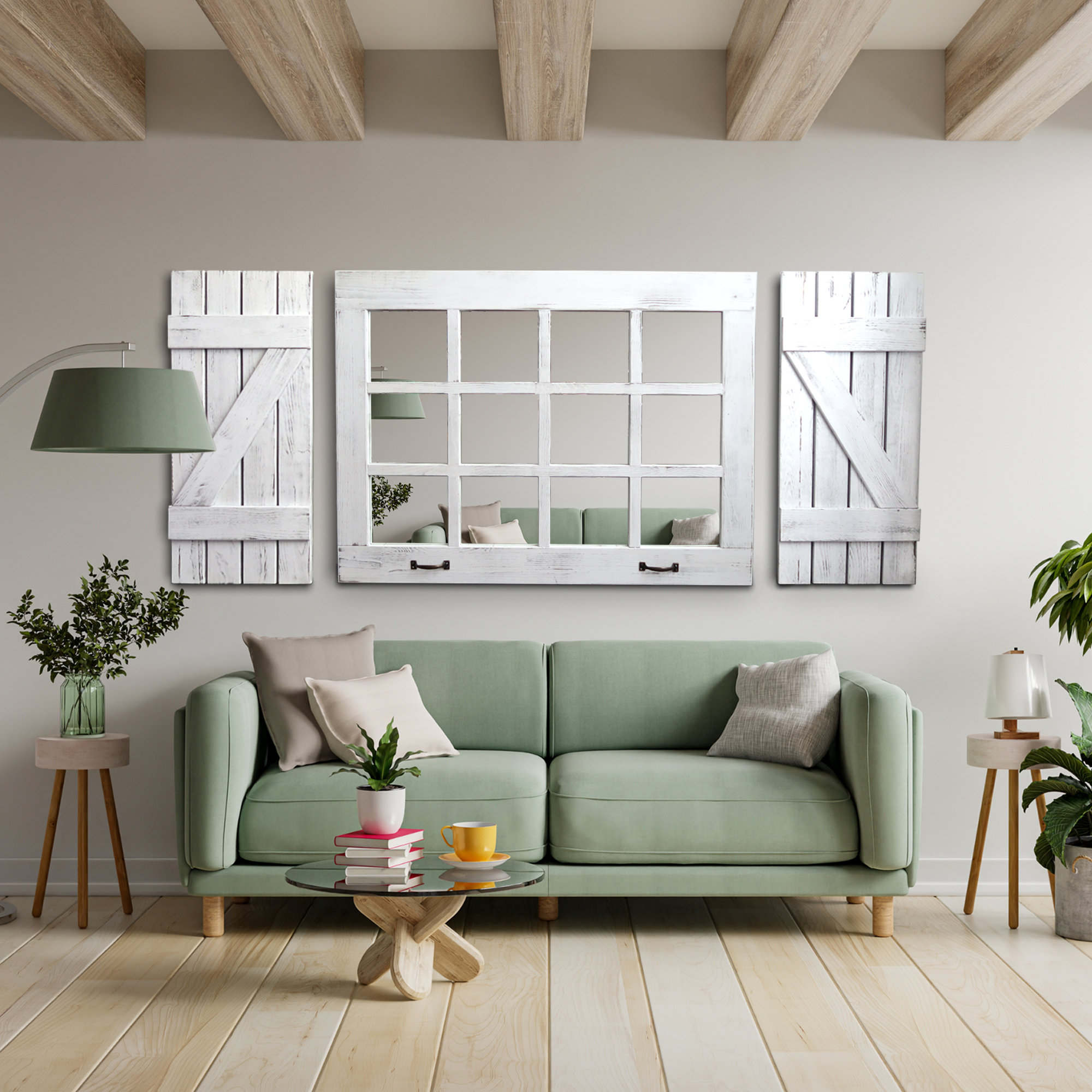 Gracie Oaks Rustic White Decorative Window Mirror With Shutters | Wayfair