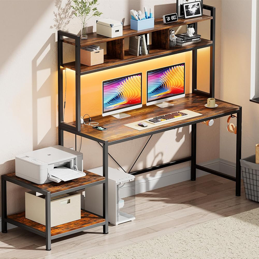 Ebern Designs Computer Desk With Printer Stand & Hutch, 69 Inch Gaming ...