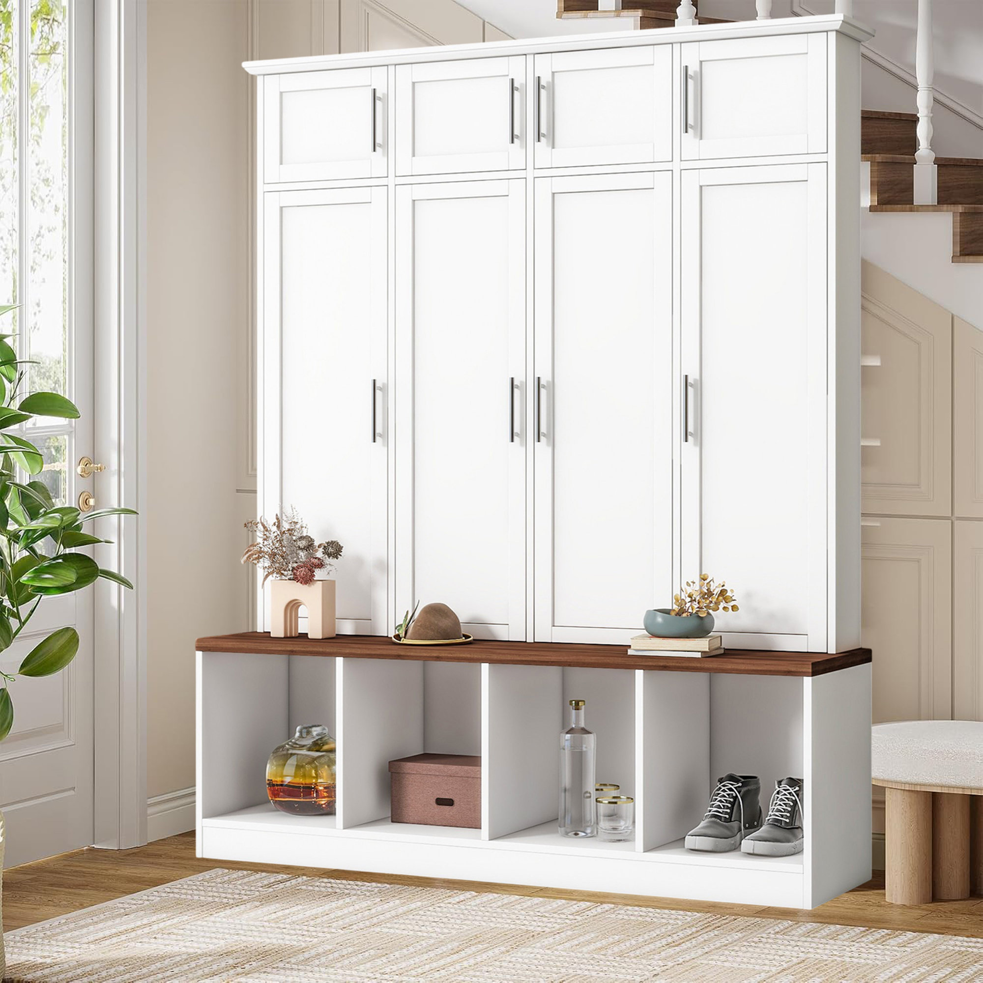 One Allium Way Entryway Storage Hall Tree - Wood Grain Bench With 4 ...