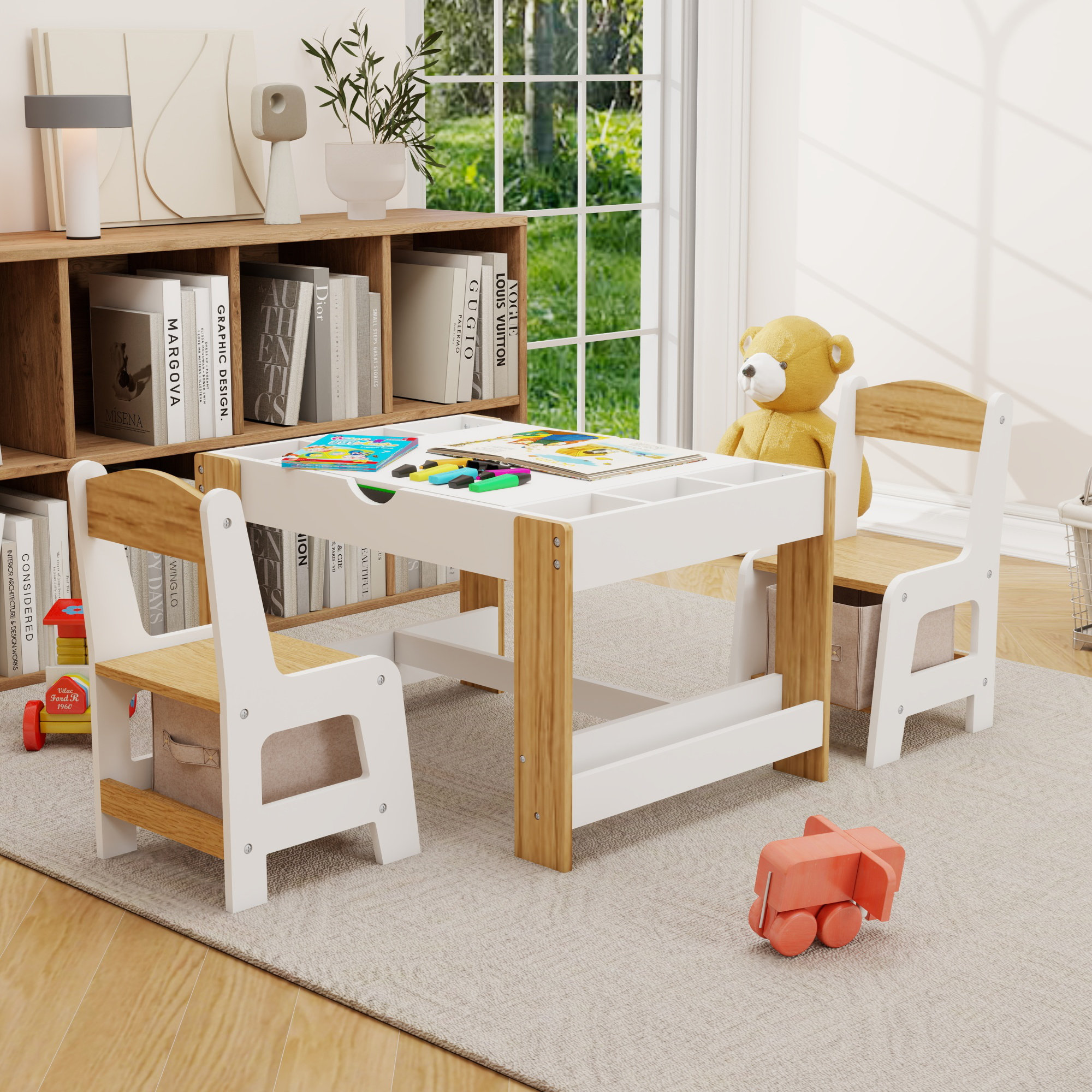 Ebern Designs Kids 2-in-1 Play Table & Chair Set with Building Block ...