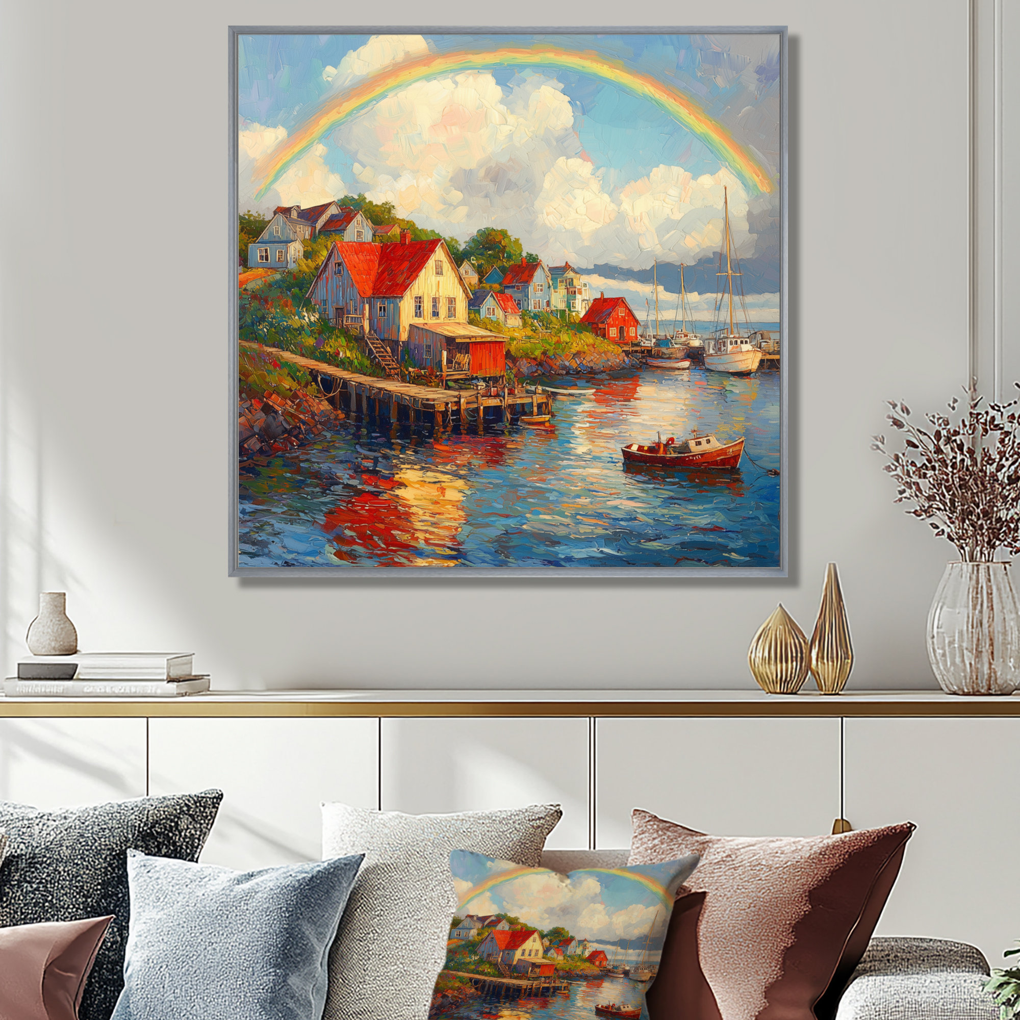 Breakwater Bay Allmar Coastal Rainbow Over The Fishing Village II ...