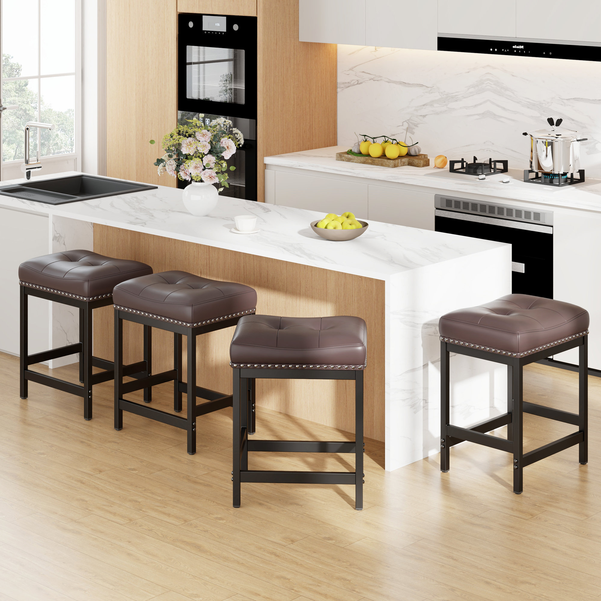 Winston Porter 24” Upholstered PU Leather Backless Counter Stool with ...