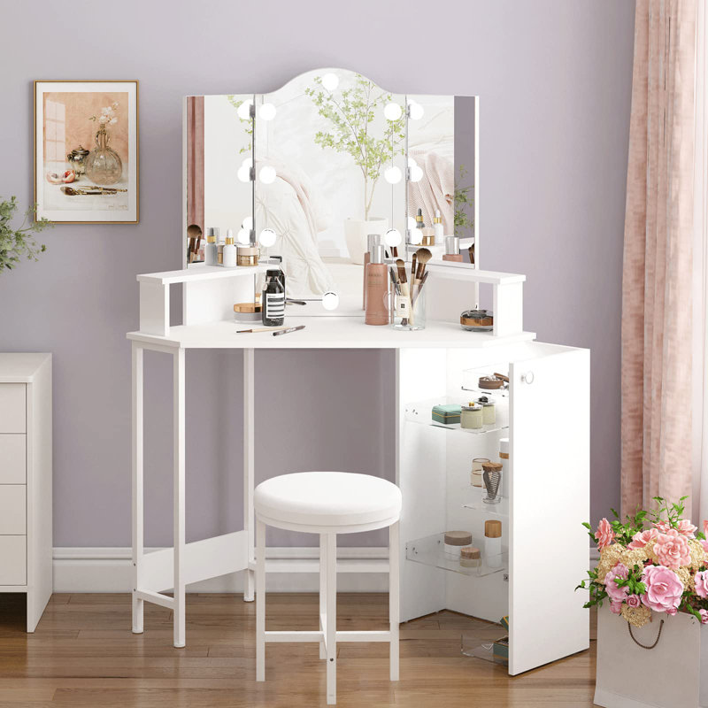 Ebern Designs 40.5'' Wide Corner Vanity Set with Stool and Mirror | Wayfair