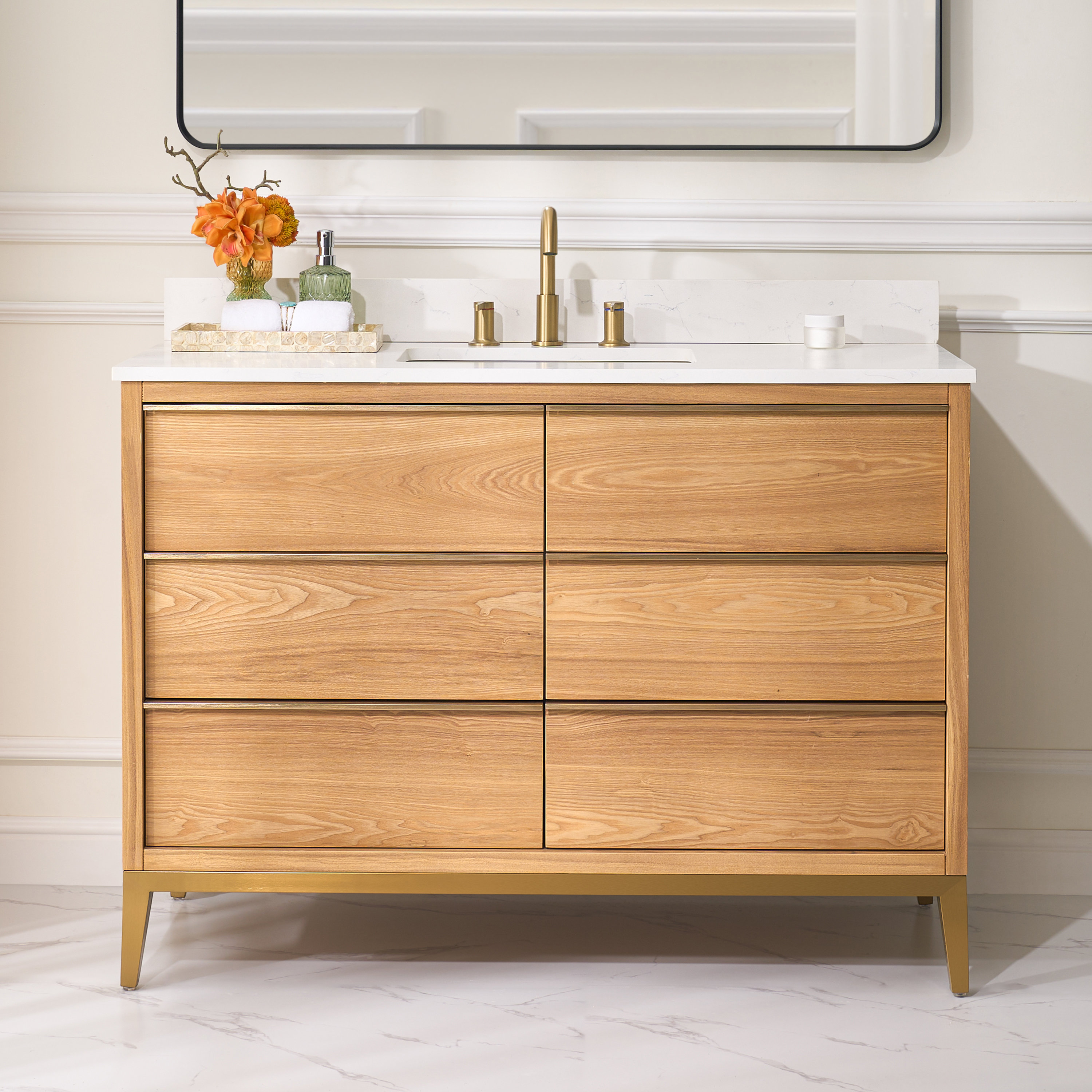 Everly Quinn 35'' H X 48'' W Solid Wood Bath Vanity with Stain ...