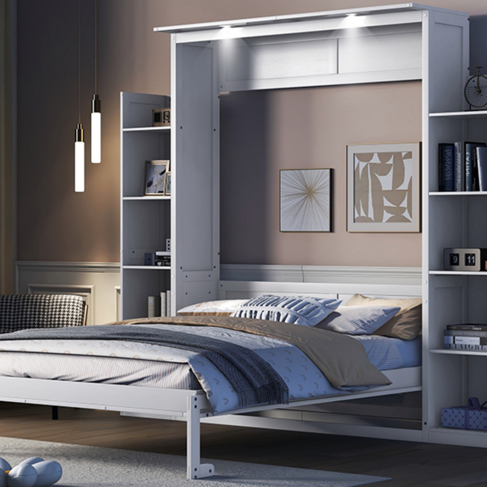 Orren Ellis Murphy Bed Wall Bed With Shelves And LED Lights, Bed Frame ...