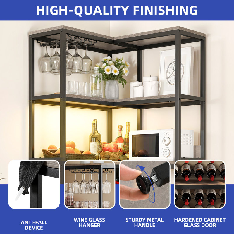 Ivy Bronx L-Shaped Corner Wine Rack with LED Lights & Charging Station ...