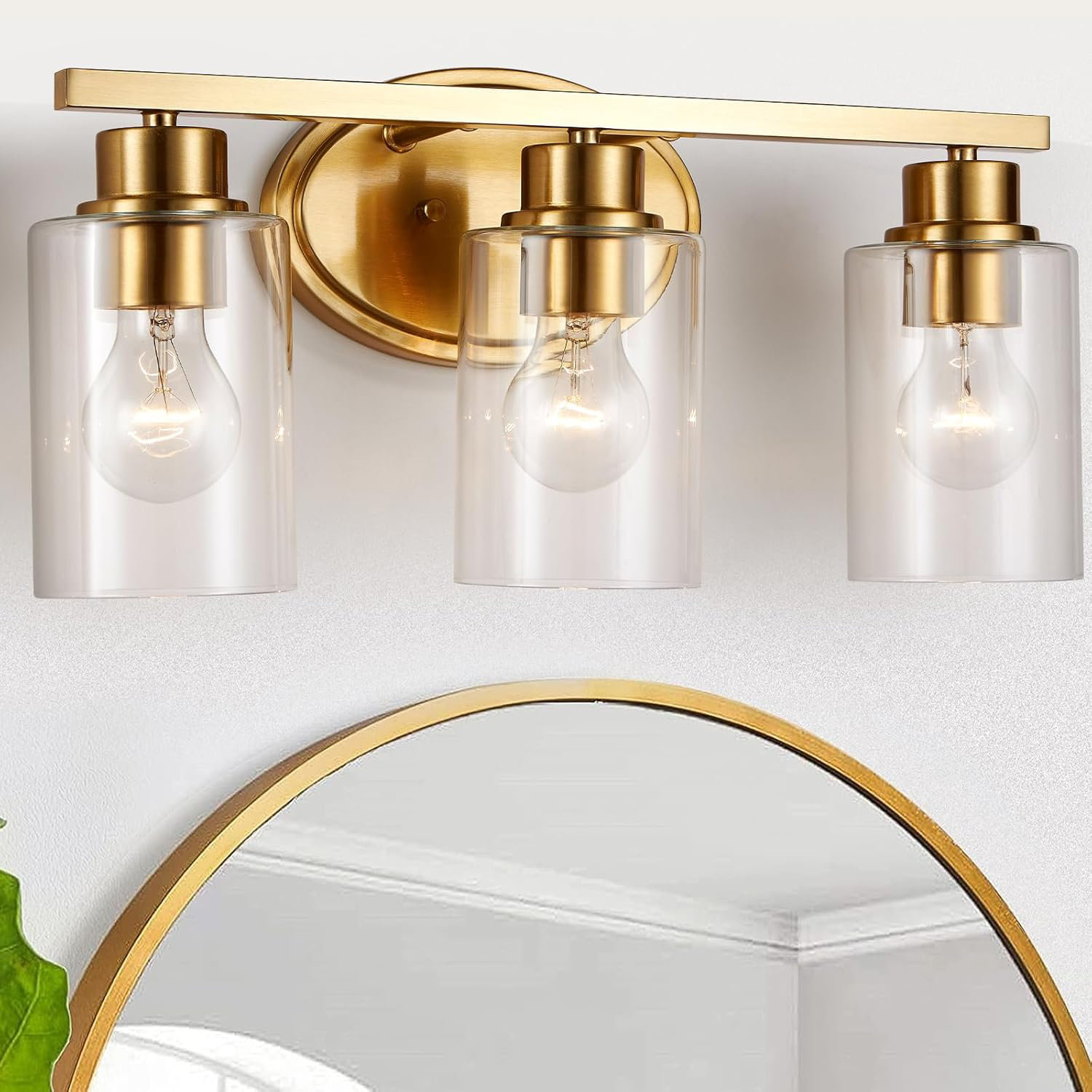 Everly Quinn Modern Brushed Gold Bathroom Vanity Light Fixture With Clear Glass Shades ...
