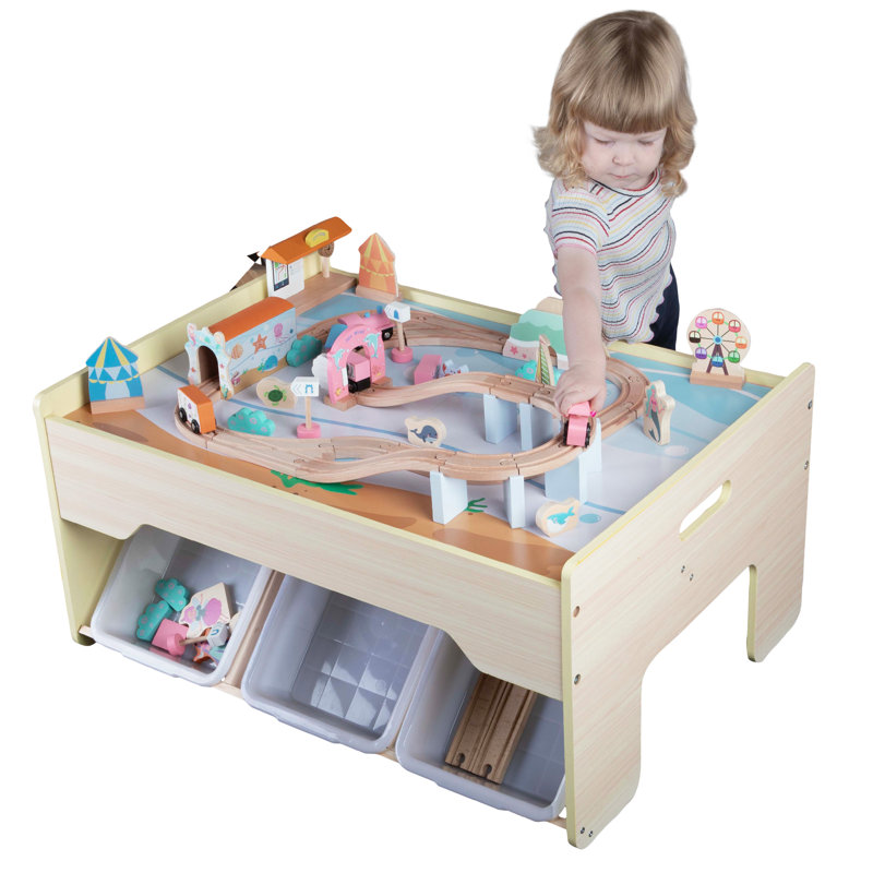 Hey! Play! 63pc Wooden Train Set With Table, Yellow | Wayfair