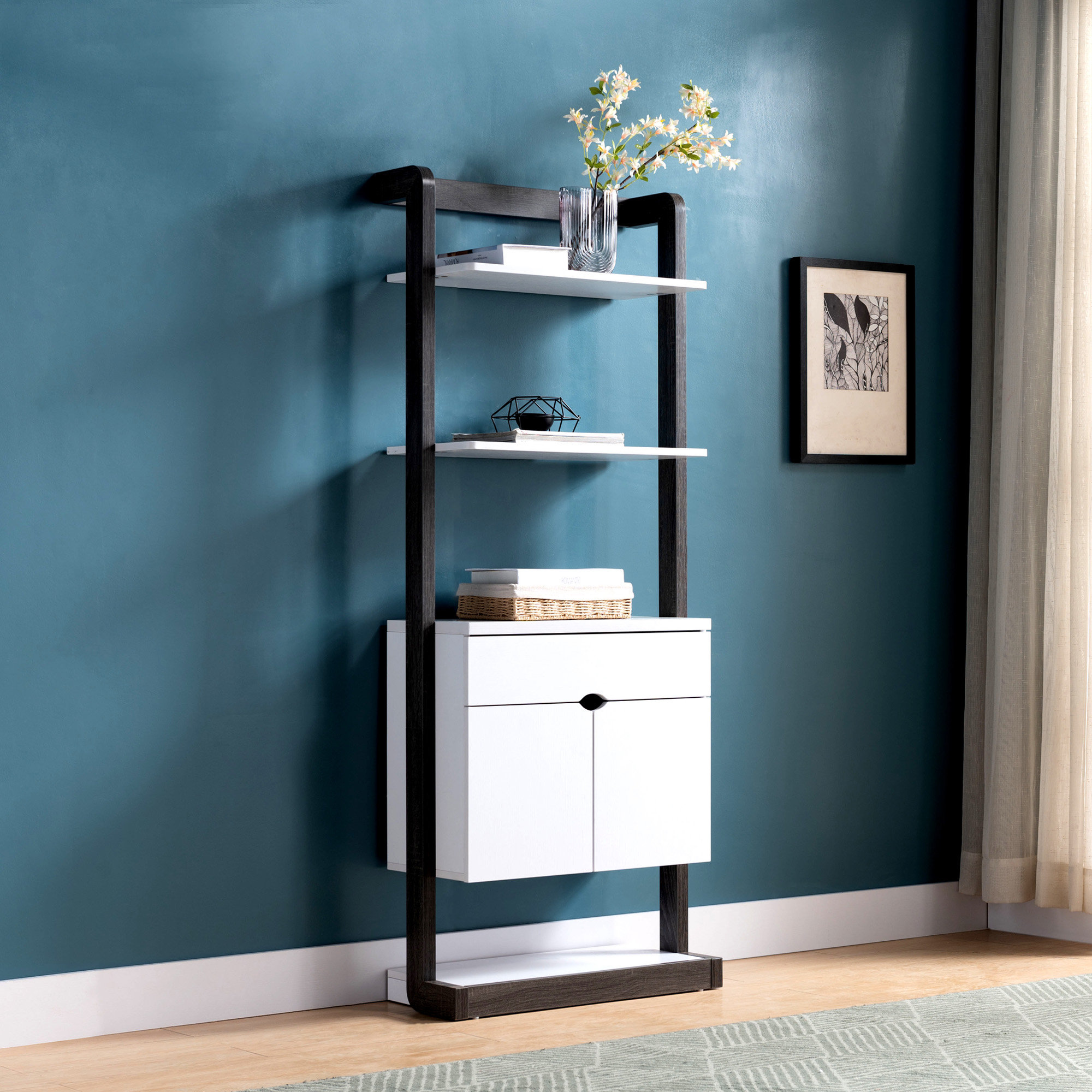Wrought Studio™ Bookcase Four Open Shelve One Drawer Two Cabinets With ...