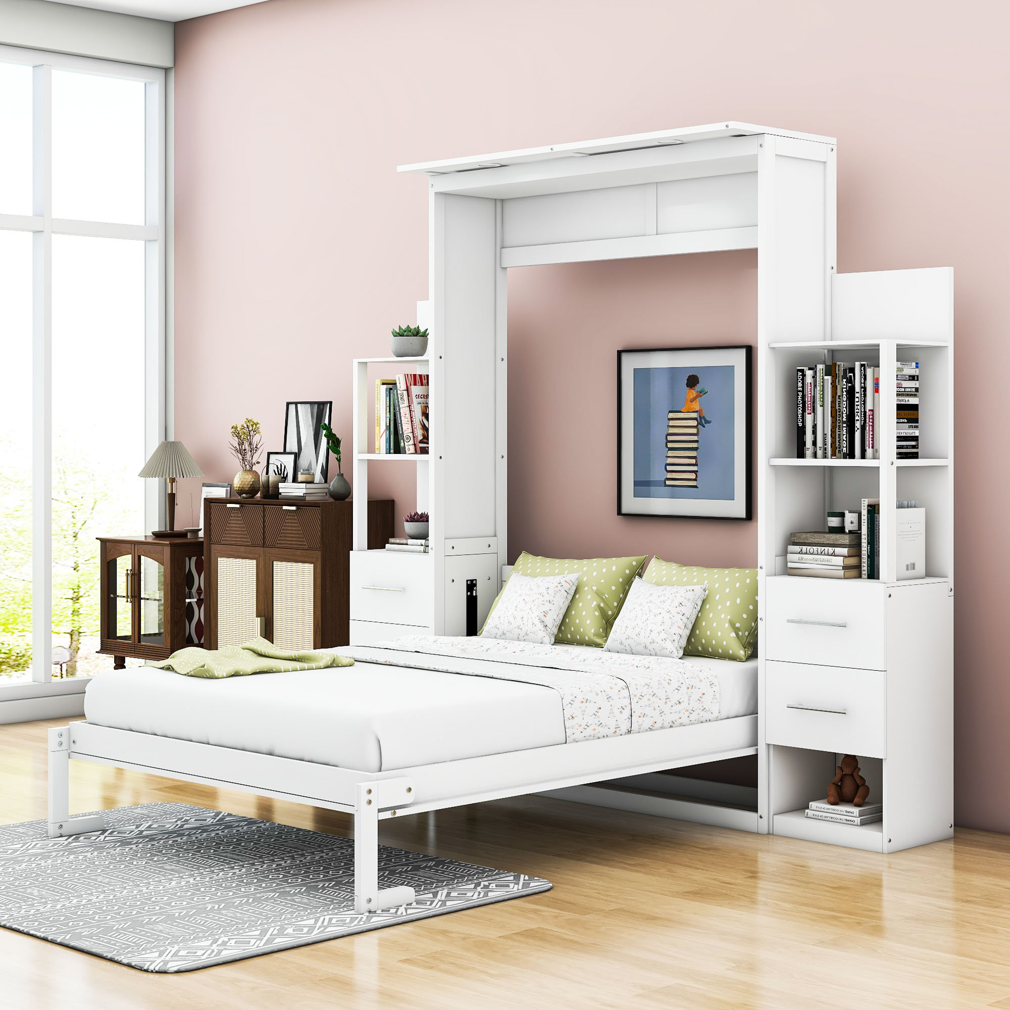 Latitude Run® Joean Multi-Function Murphy Bed with Shelves, Drawers, and LED Lights | Wayfair