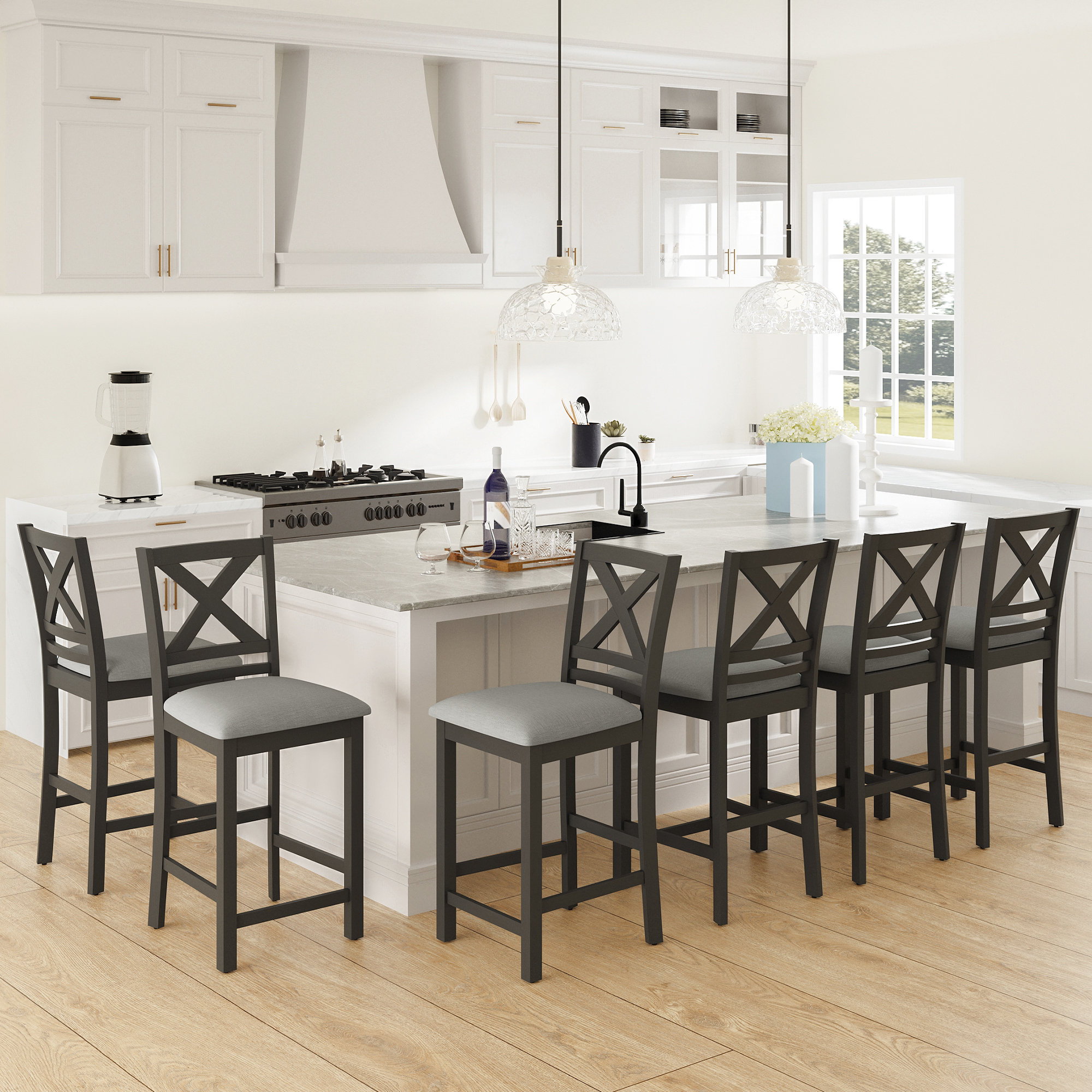 Gracie Oaks Upholstered 26" Counter Bar Stool Solid Wood Counter Stool ...