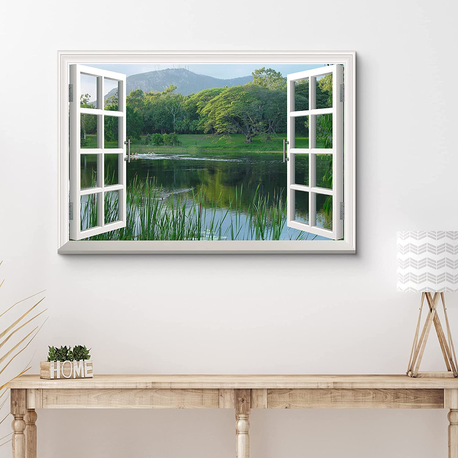 IDEA4WALL Window Scenery Clear Lake and Green Trees - Wrapped Canvas ...
