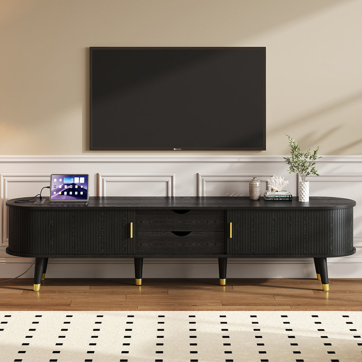 George Oliver Wooden Oval Fluted TV Stand with Charging Station for TVs ...