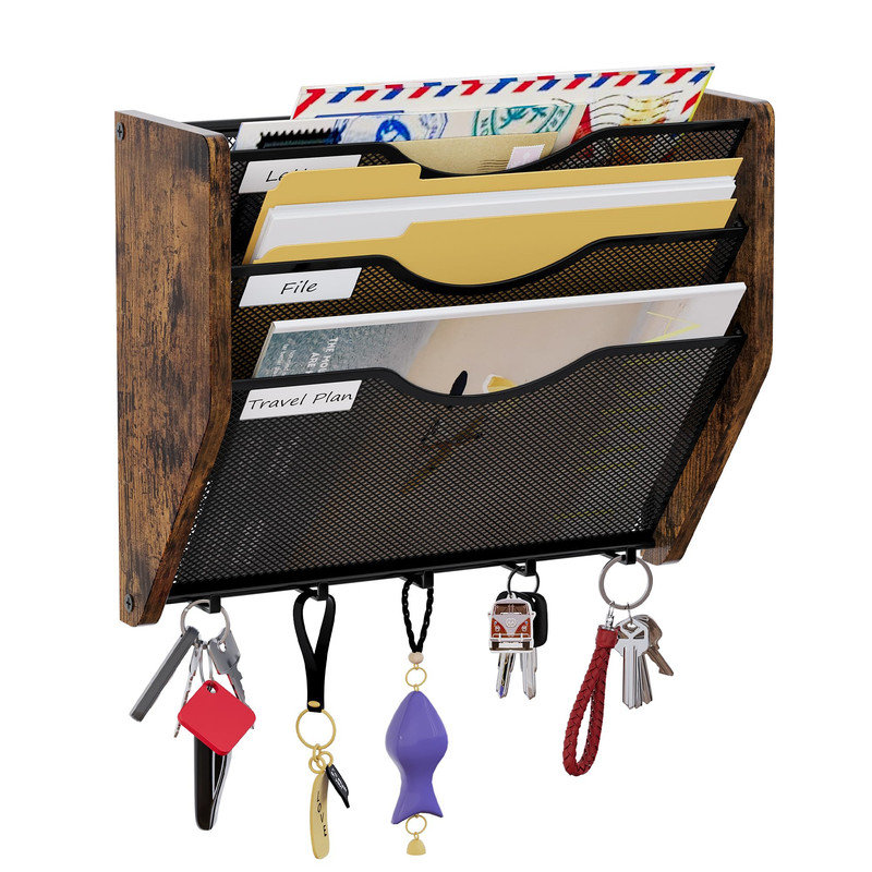 Ebern Designs 3 Tier Mesh Mail Organizer Wall Mounted With Hooks | Wayfair
