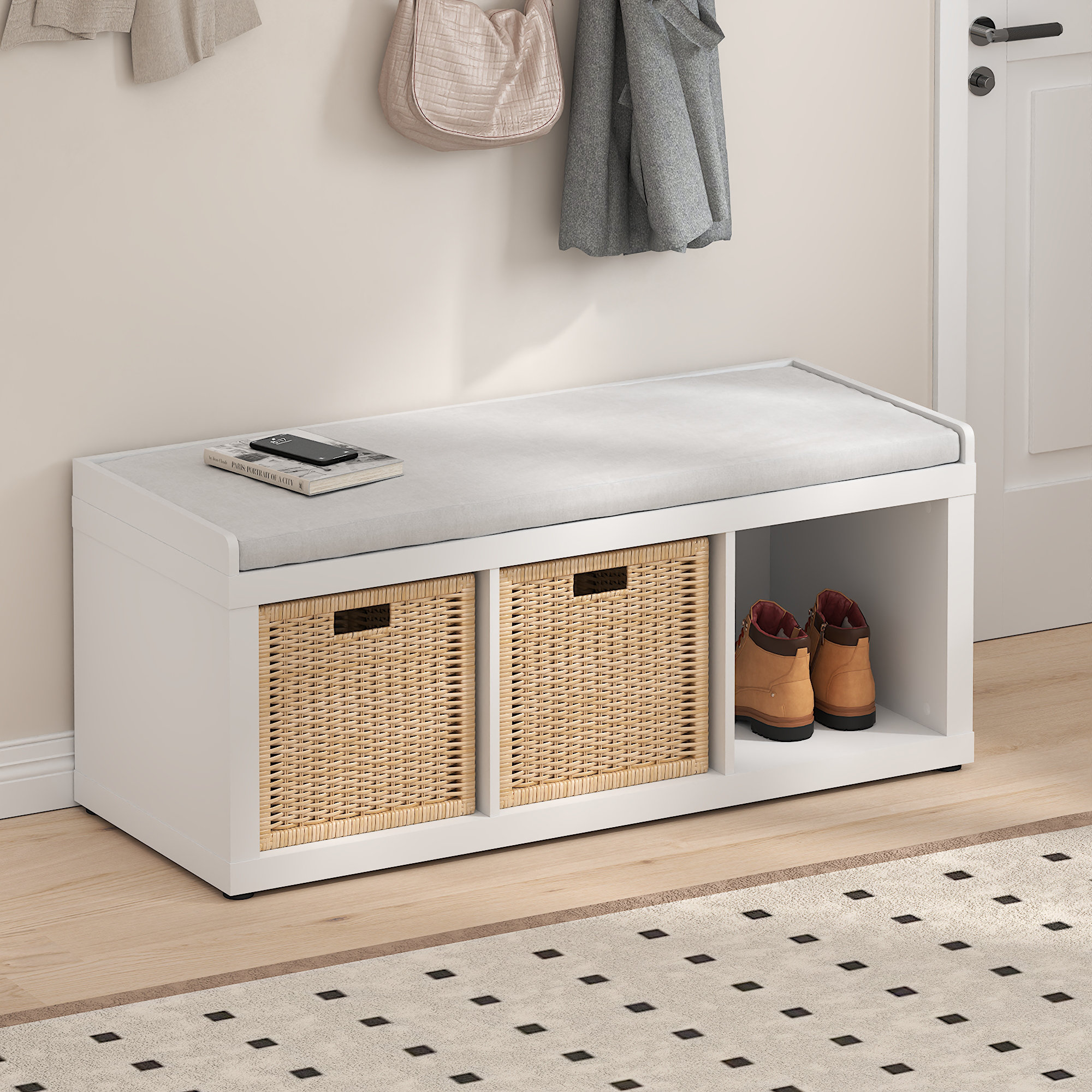 Furinno Cubicle 3-Cube Storage Bench with Comfy Cushion for Entryway ...