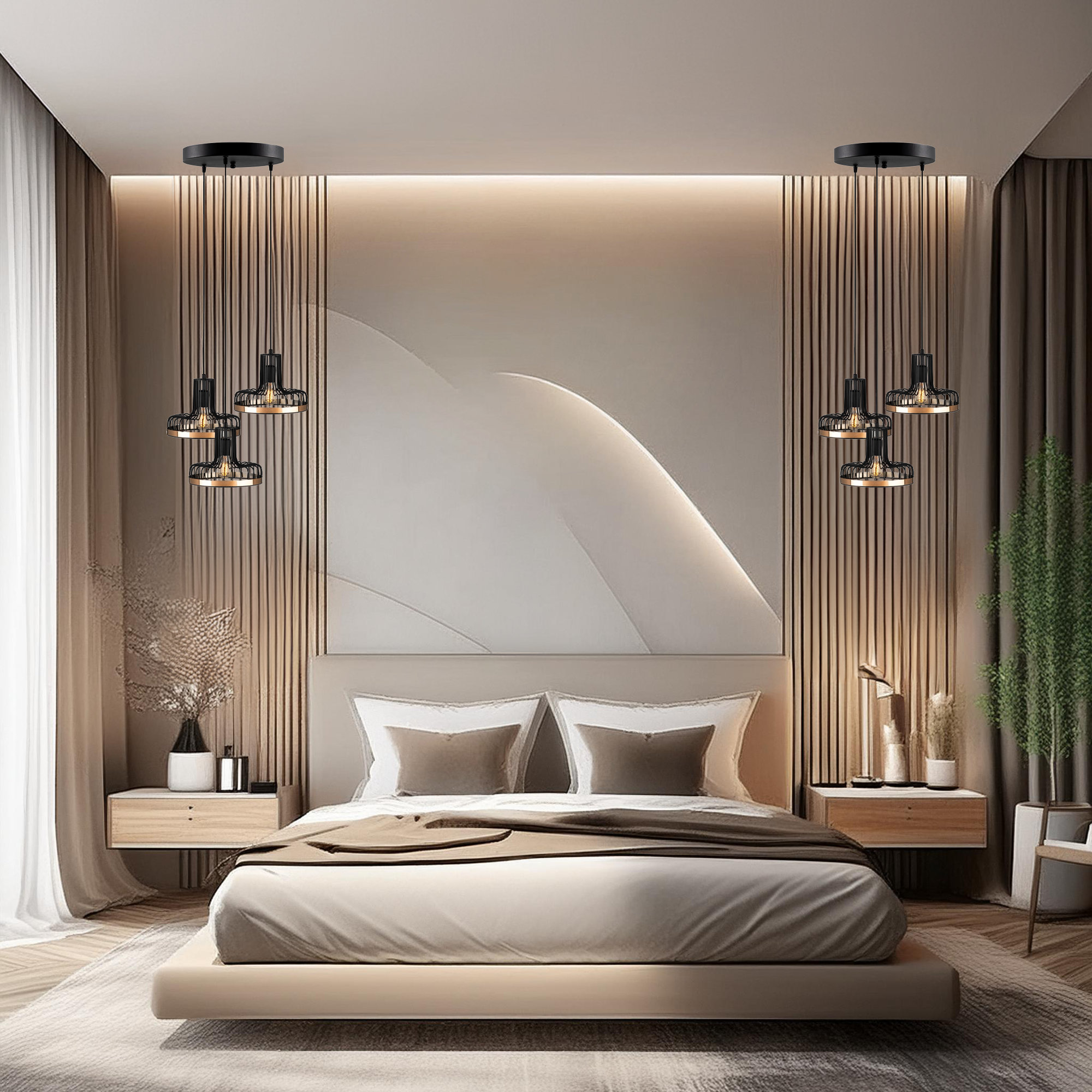 17 Stories Adjustable Height 3 Lights Metal Body Cage Cluster Pendant ...