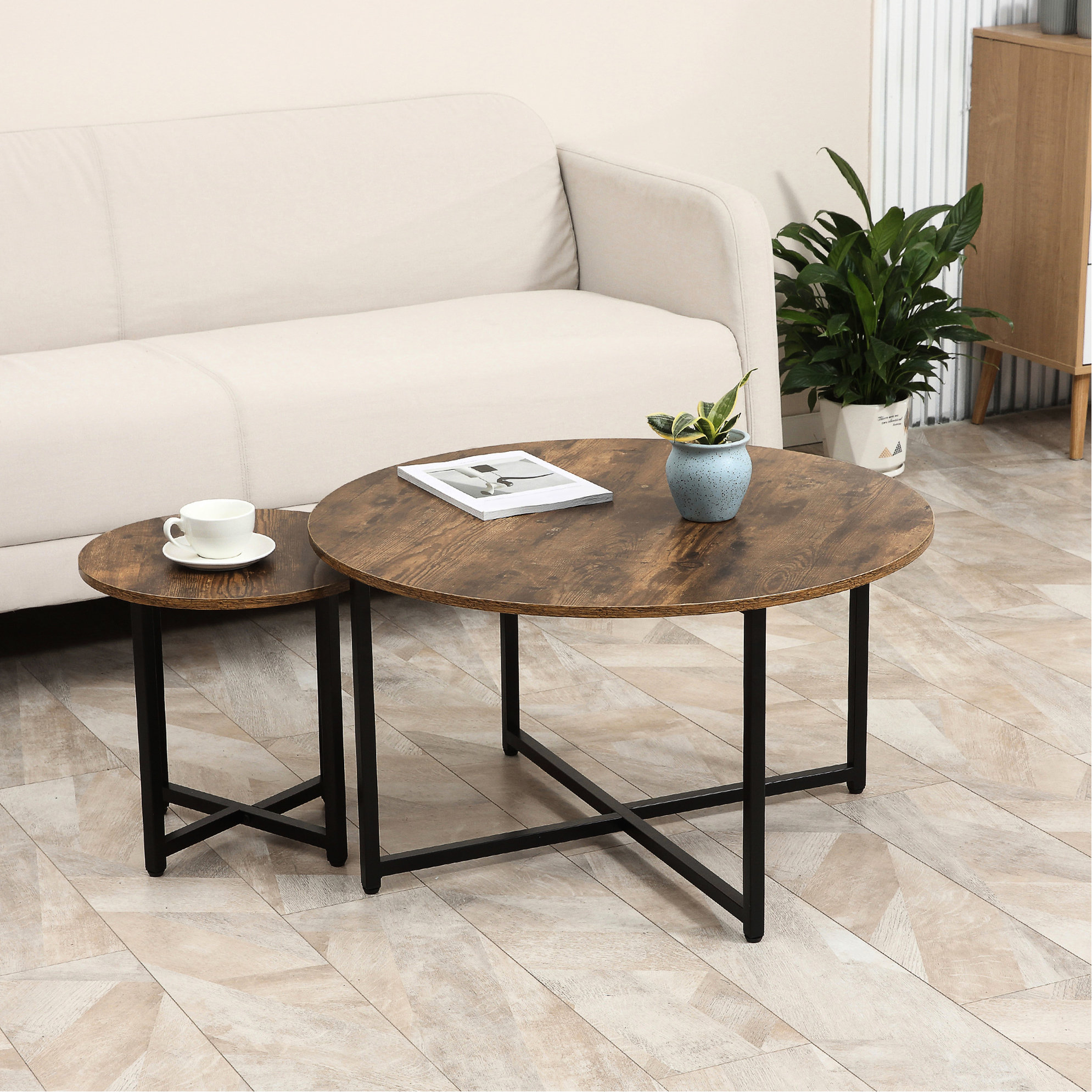 17 Stories Industrial Living Room Coffee Table Pair, Rustic Brown ...