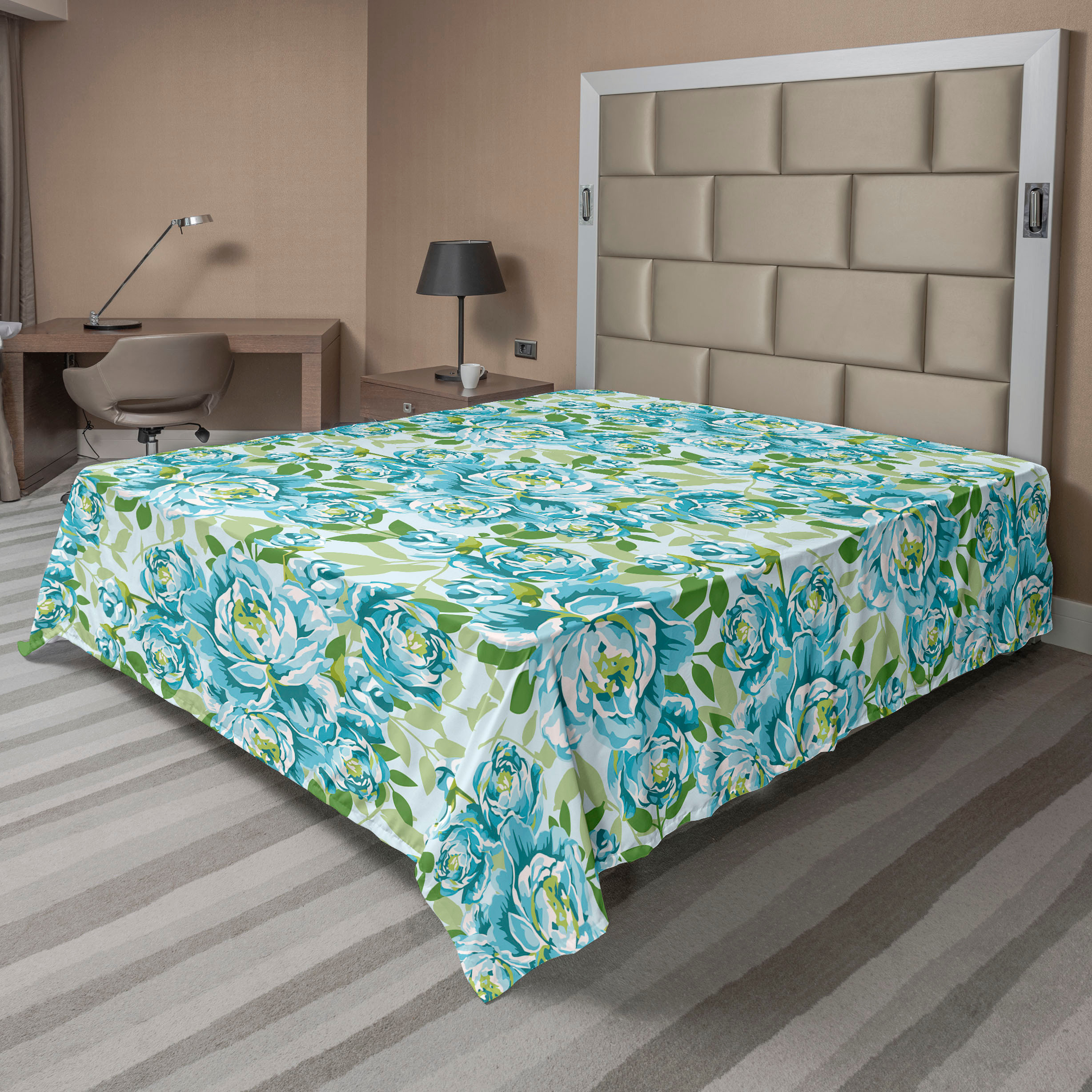 Ambesonne Garden Scene Flat Sheet Peonies and Greenery Pale Azure Blue ...