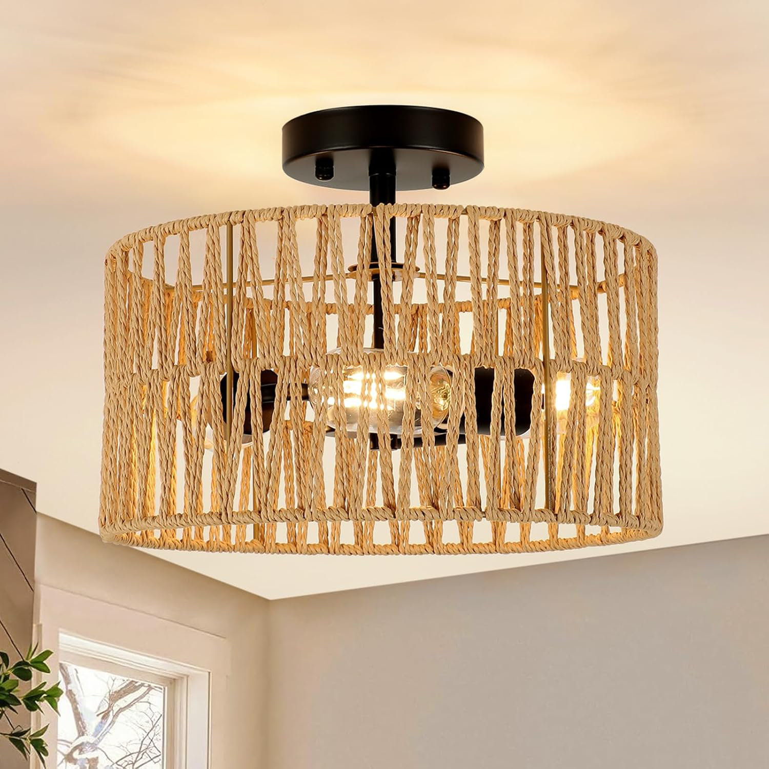Bay Isle Home™ Semi Flush Mount Ceiling Fixture With Woven Rattan ...