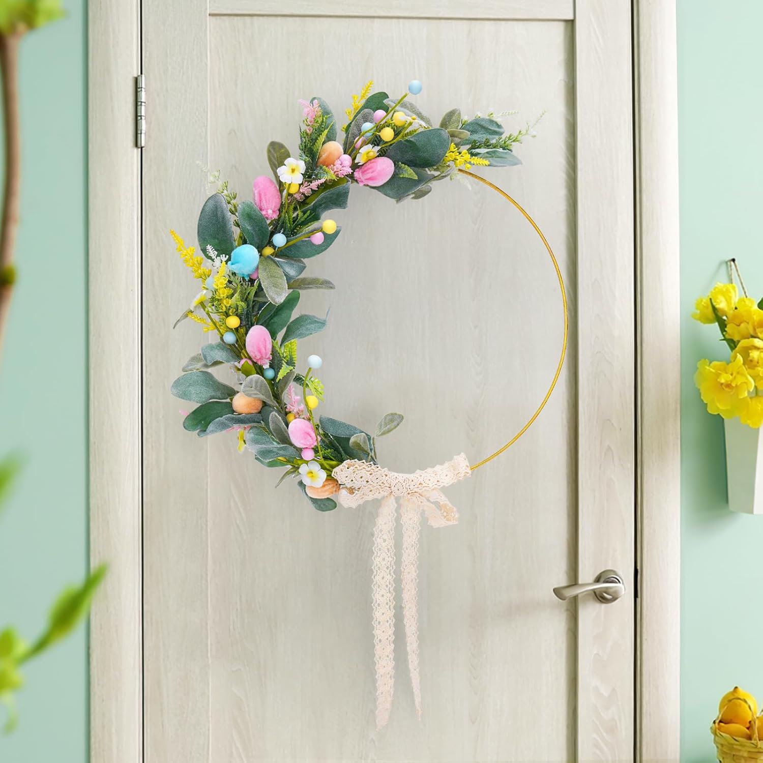 One Allium Way Easter Wreath Decor for Front Door, 12 Inch Cute Easter ...
