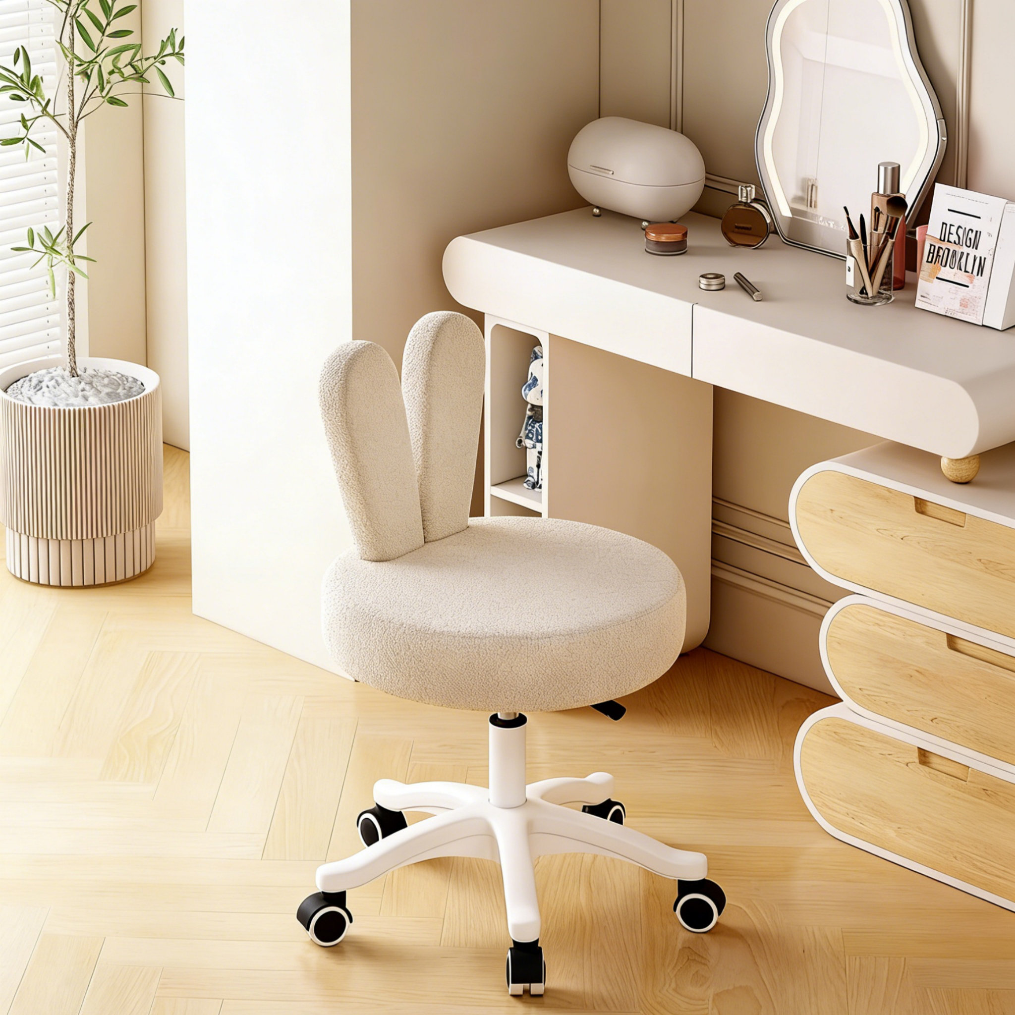 Orren Ellis Rabbit-Ear Vanity Chair with Swivel Base - Cream ...