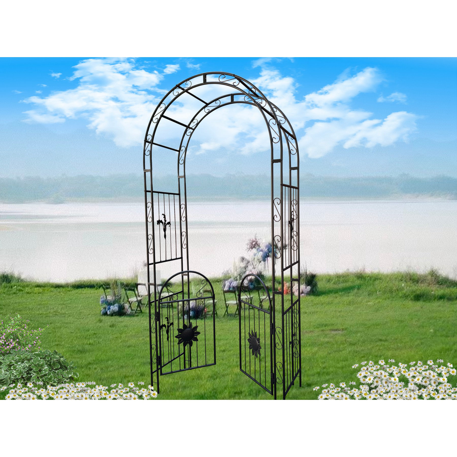 Lark Manor Metal Garden Arch with doors Garden Arbour Trellis Climbing ...