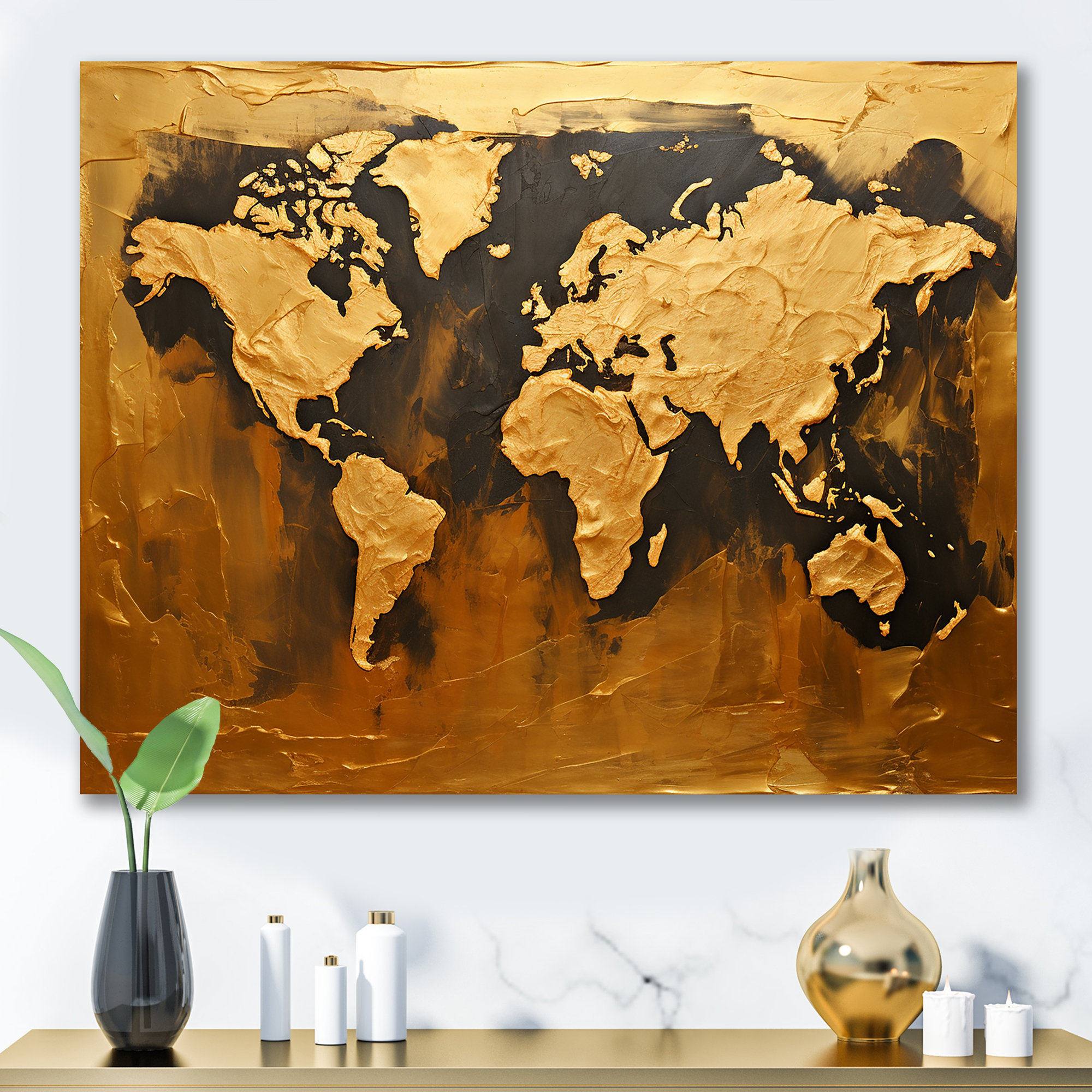 DesignArt " Black And Gold World Map Geographies " on Canvas | Wayfair