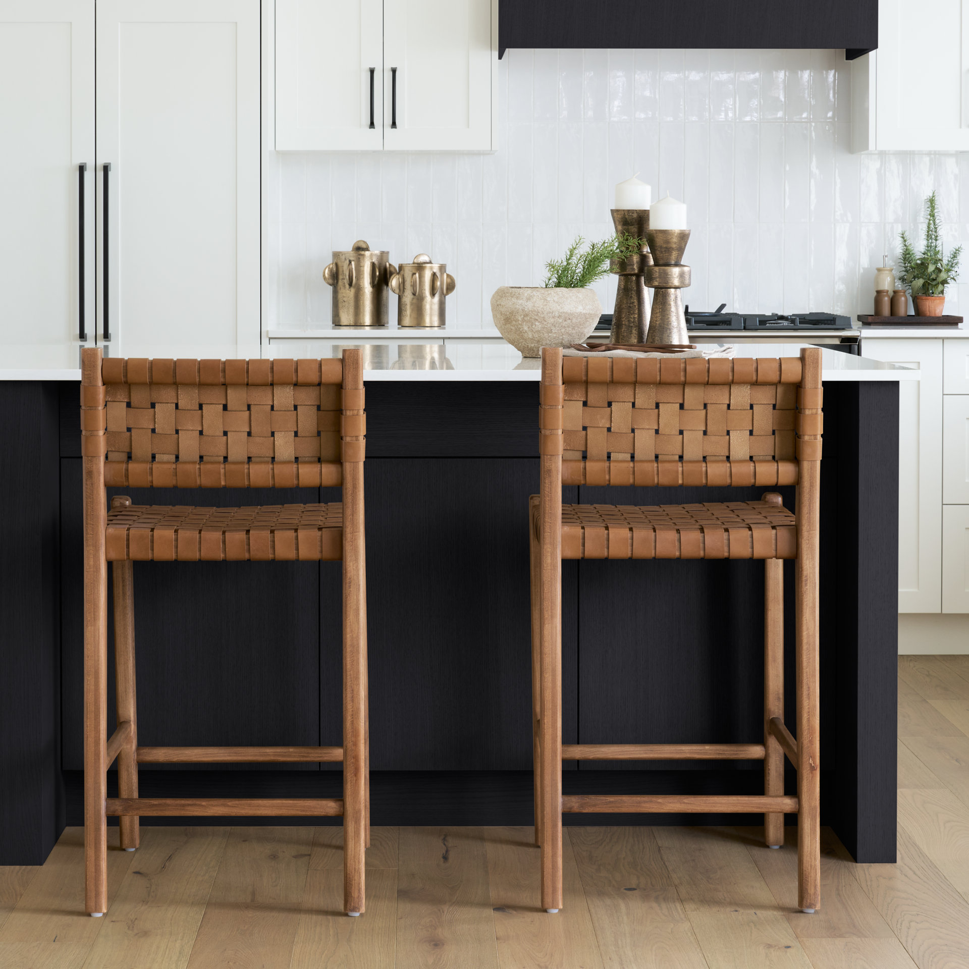Hokku Designs Ursulina Brown Wood W/ Woven Brown Leather Counter Stool ...