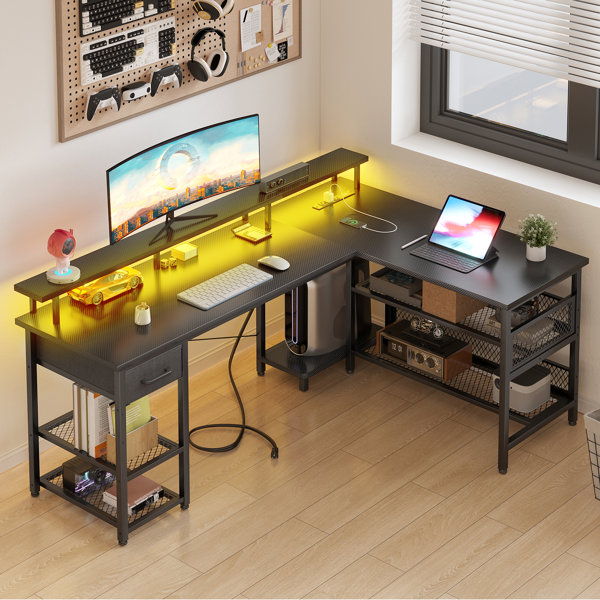 Inbox Zero Reversible Desk With Iron Shelves, Gaming Desk With Led ...
