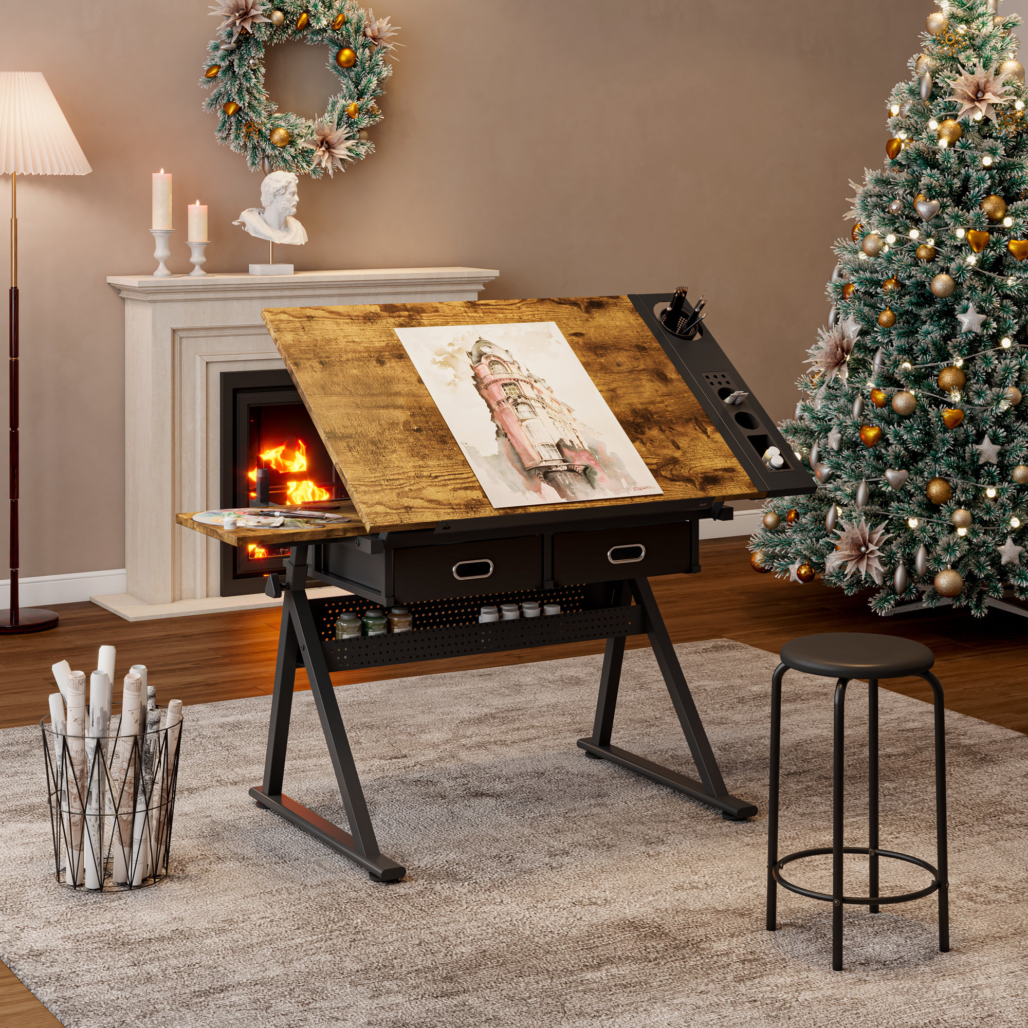 Latitude Run® Height Adjustable Drafting Table With Stool, Art Desk ...