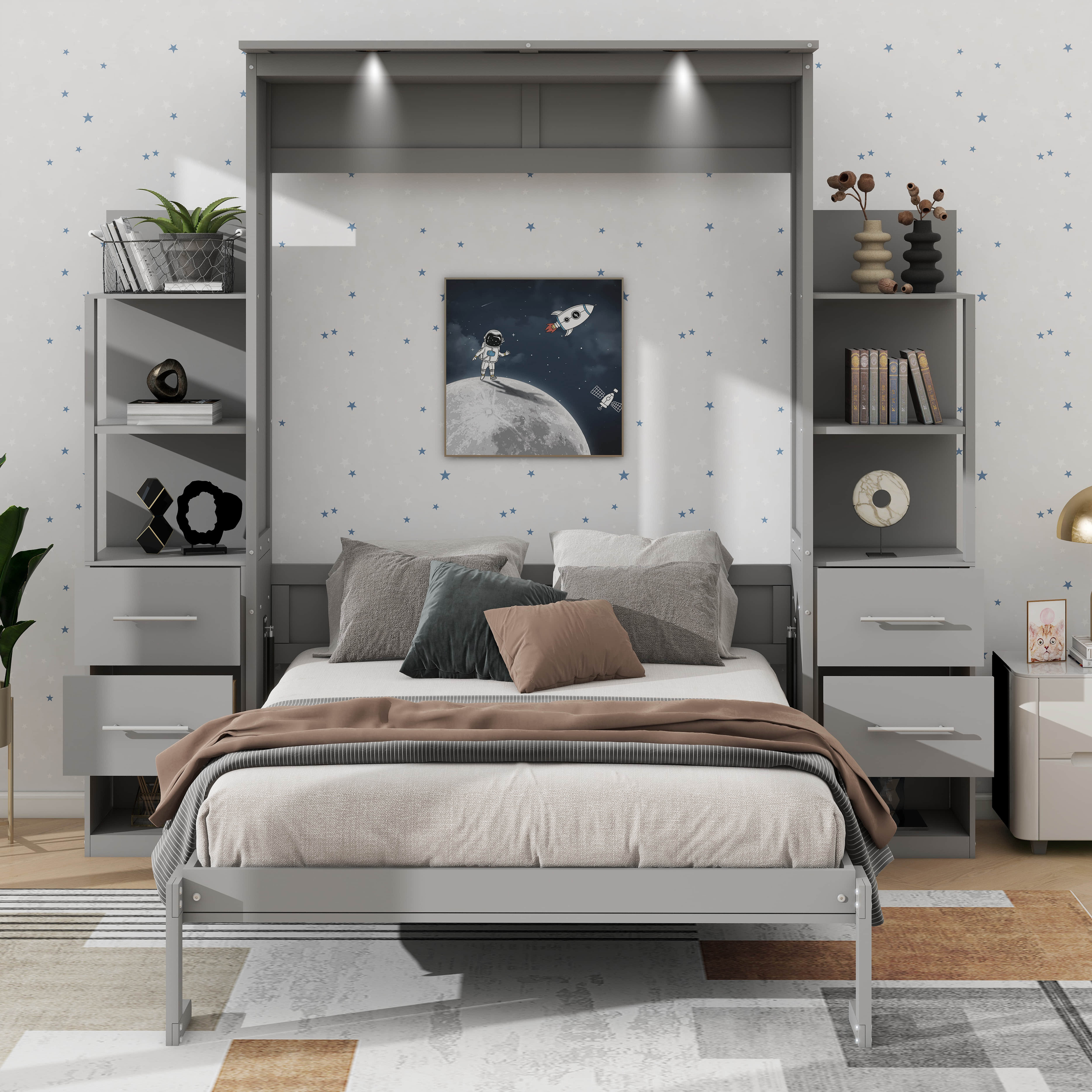 Red Barrel Studio® Wall-Mounted Murphy Bed With Shelves, Drawers, And ...