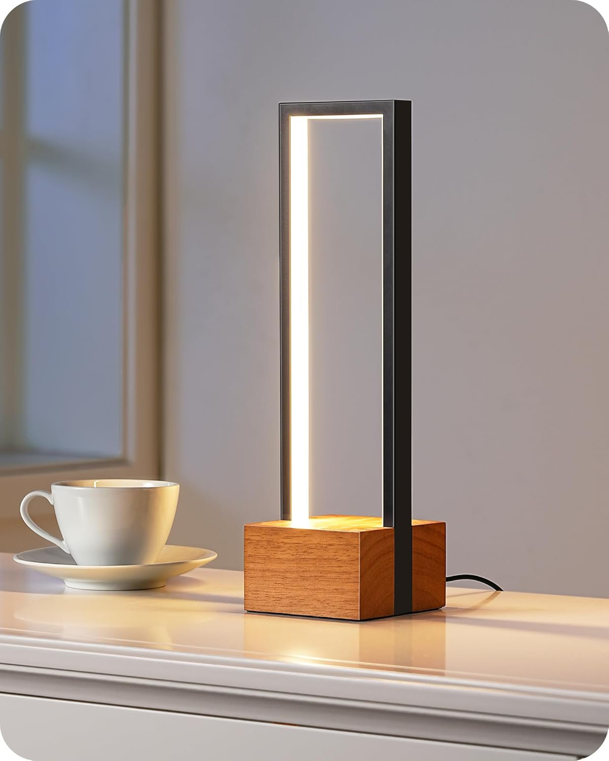 Ivy Bronx LED Table Lamp Wooden Bedside Lamp With 3 Color Temperatures Dimmable Square ...