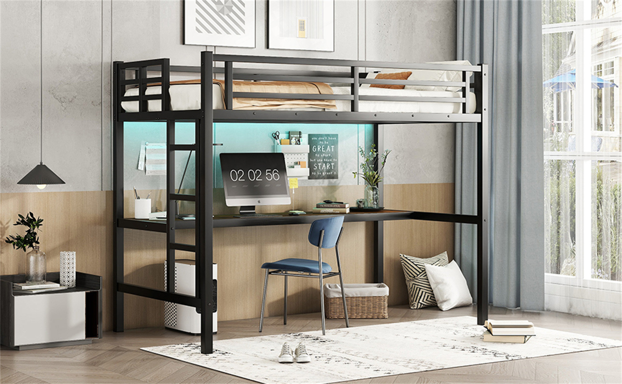 Isabelle & Max™ Metal Loft Bed With Power Outlet And LED Lighted, Space ...
