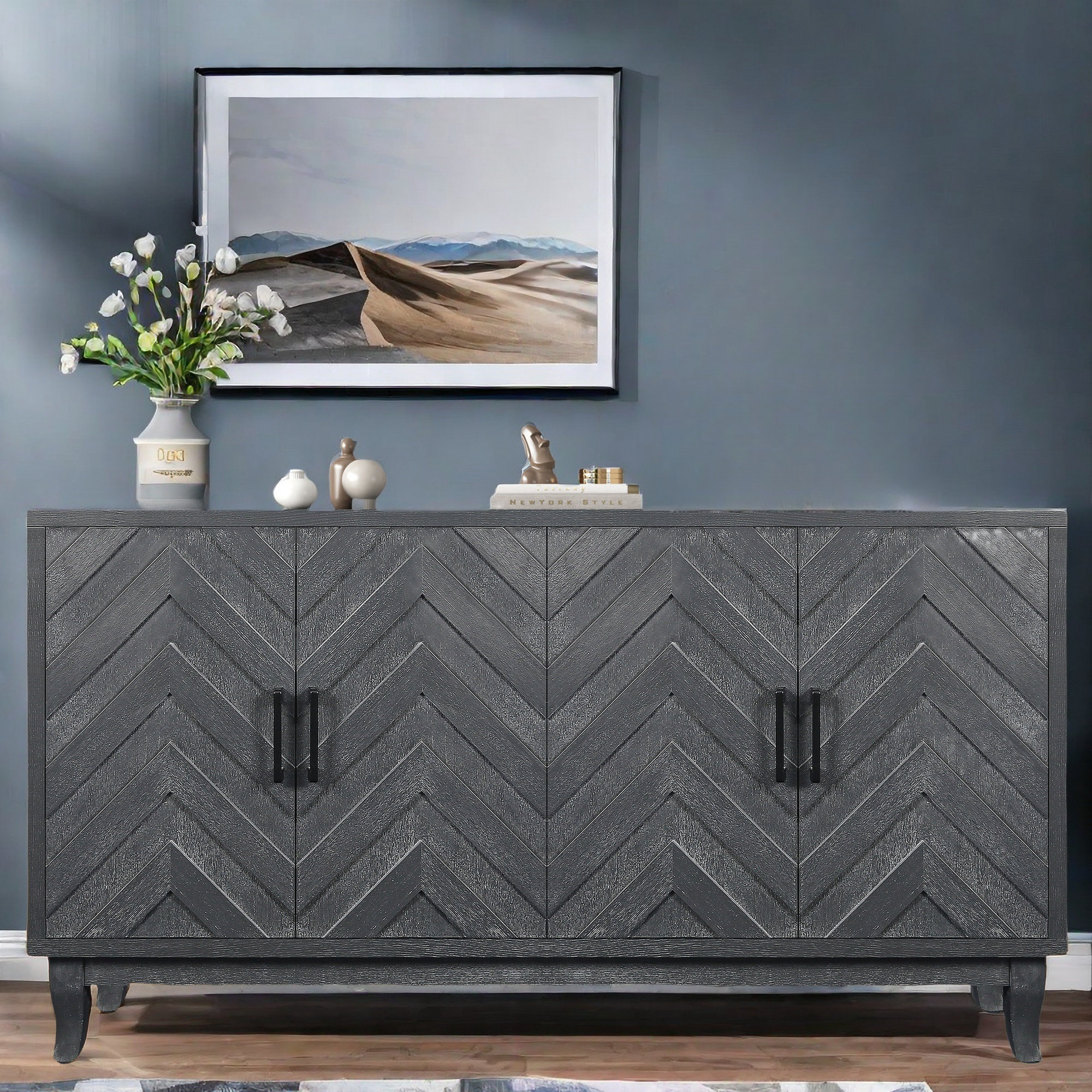 Velvetvanguards Lacquered Sideboard With Unique Striped Doors, Smooth Lines And Adjustable ...