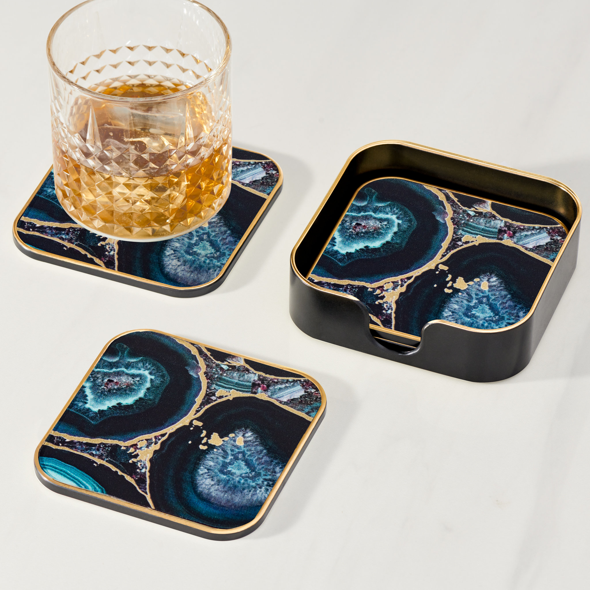 Everly Quinn Glass Gold Trim Square Coasters (Set of 4) | Wayfair