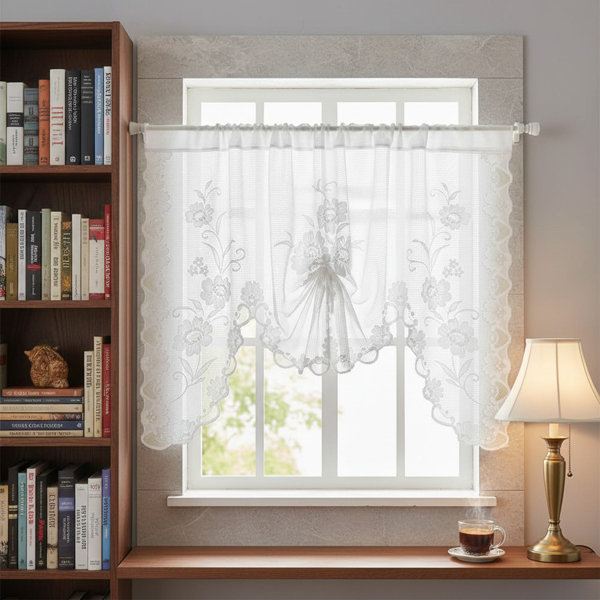 August Grove® 1 Panel White Lace Short Curtain Lifting Tie-Up Roman ...