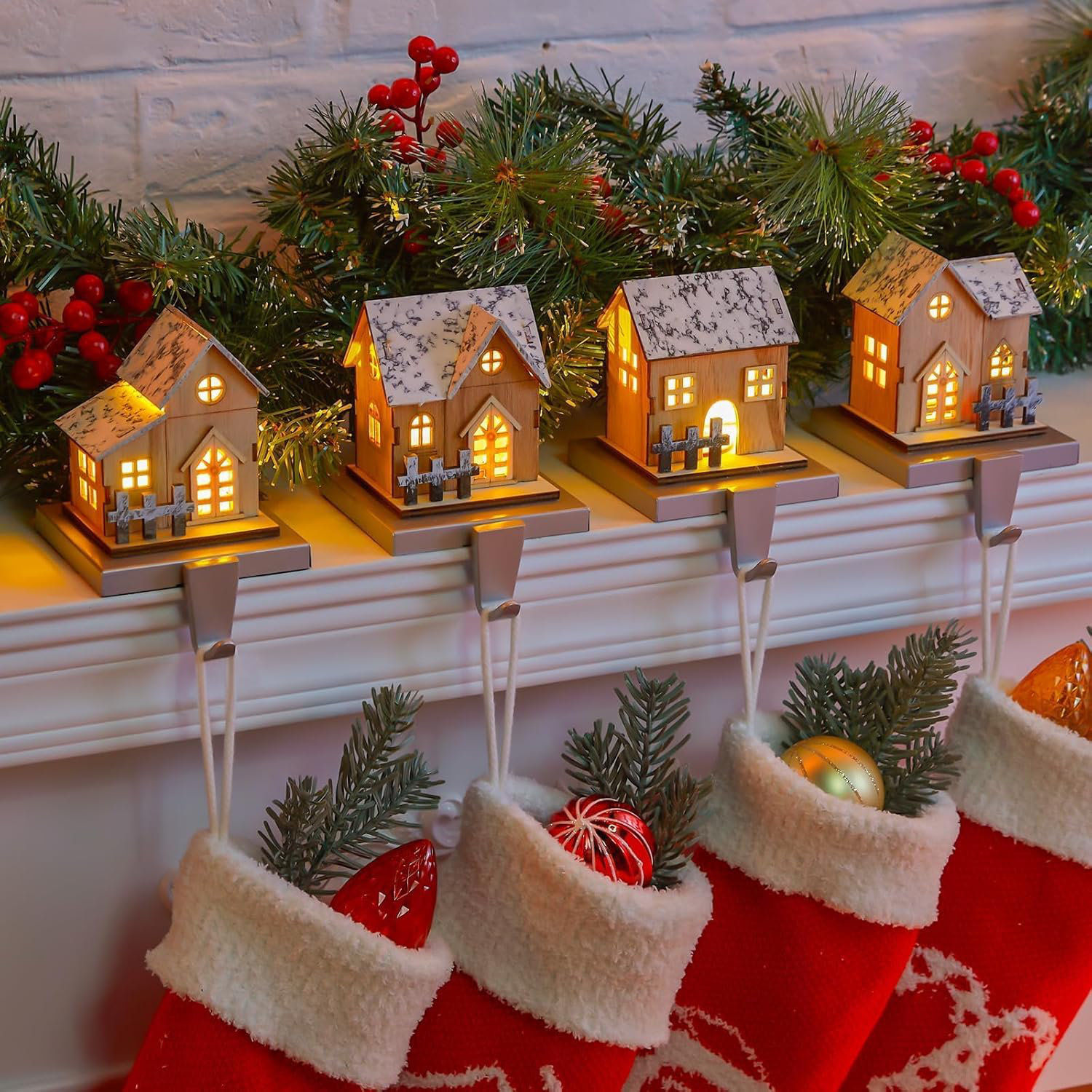 The Holiday Aisle® 4 Pack Christmas Stocking Holders for Mantle - LED ...