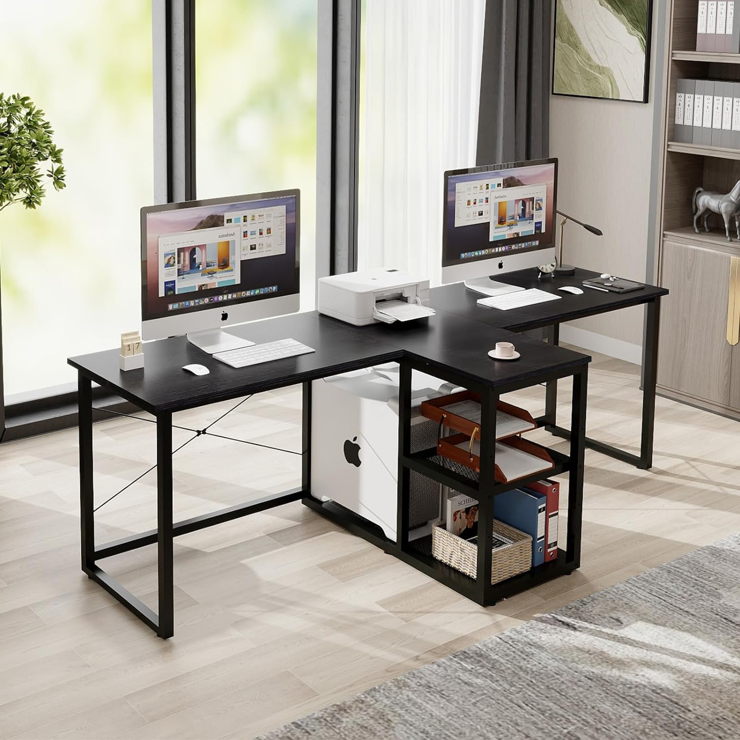 Inbox Zero Laurentino 92.5'' Two Person Desk with Storage Shelves ...