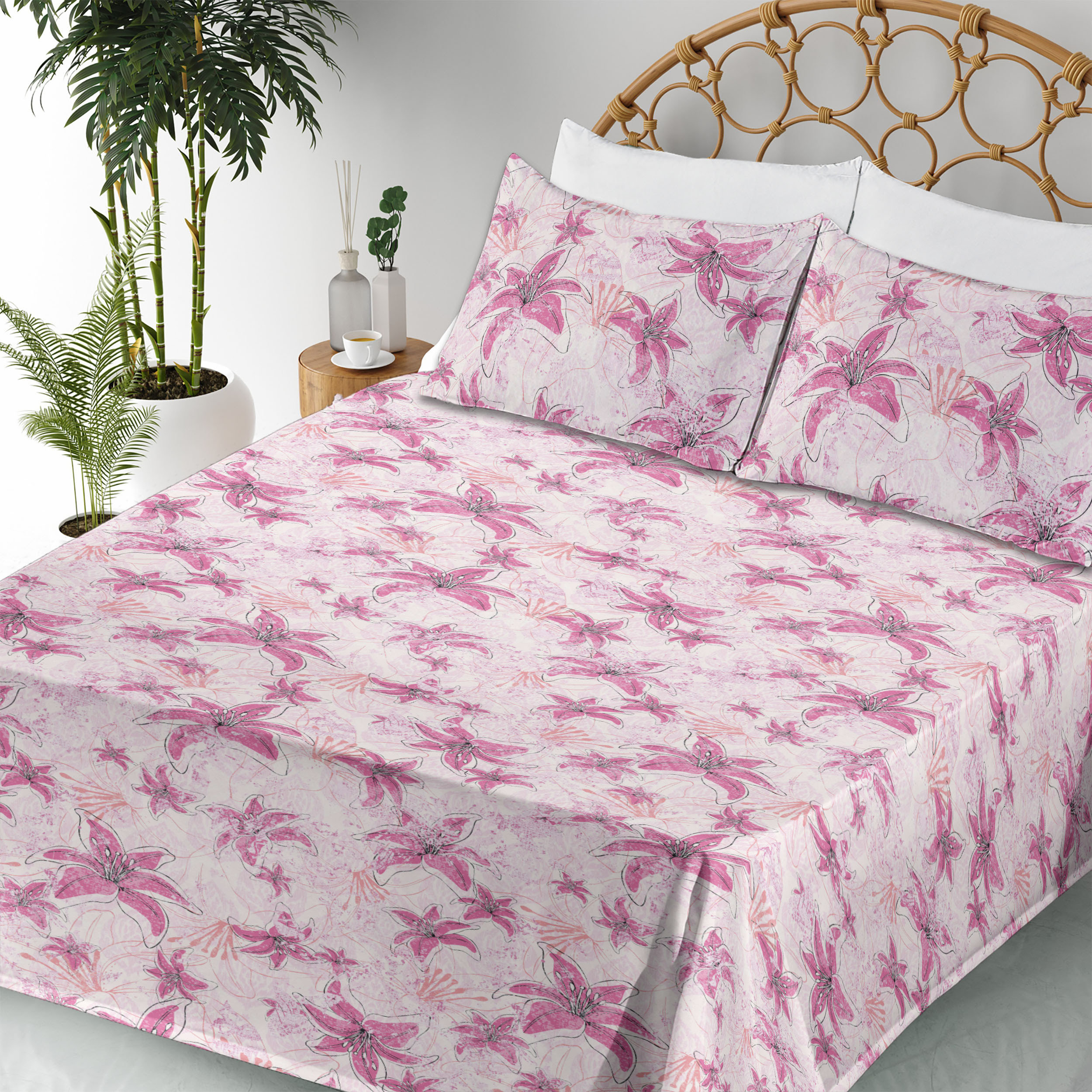 Ambesonne Floral Design Sheet Set Retro Lily Flowers Hot Pink Coral and ...