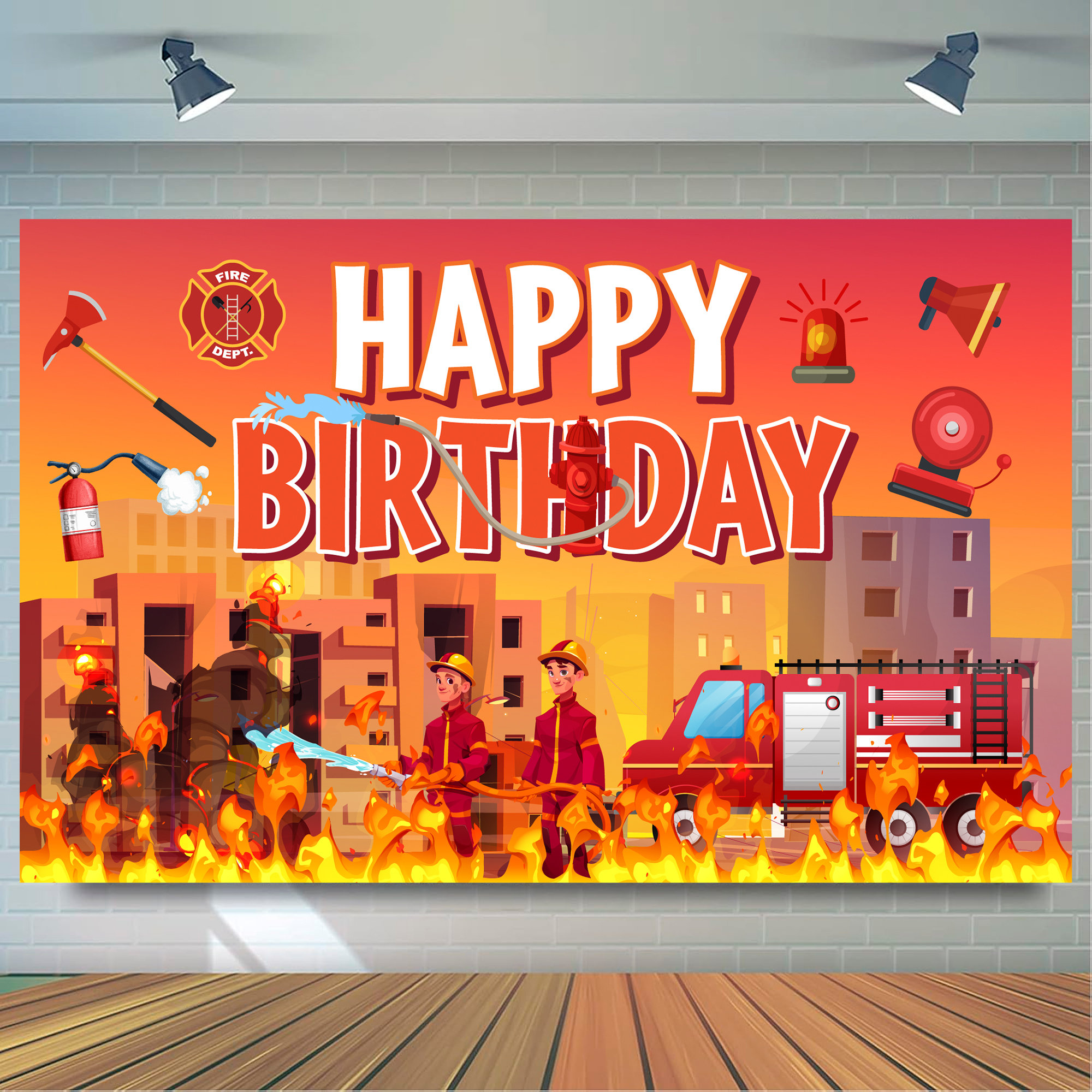 Dakota Fields Fire Truck Birthday Backdrop, 70.8''x43.3'' Fireman ...