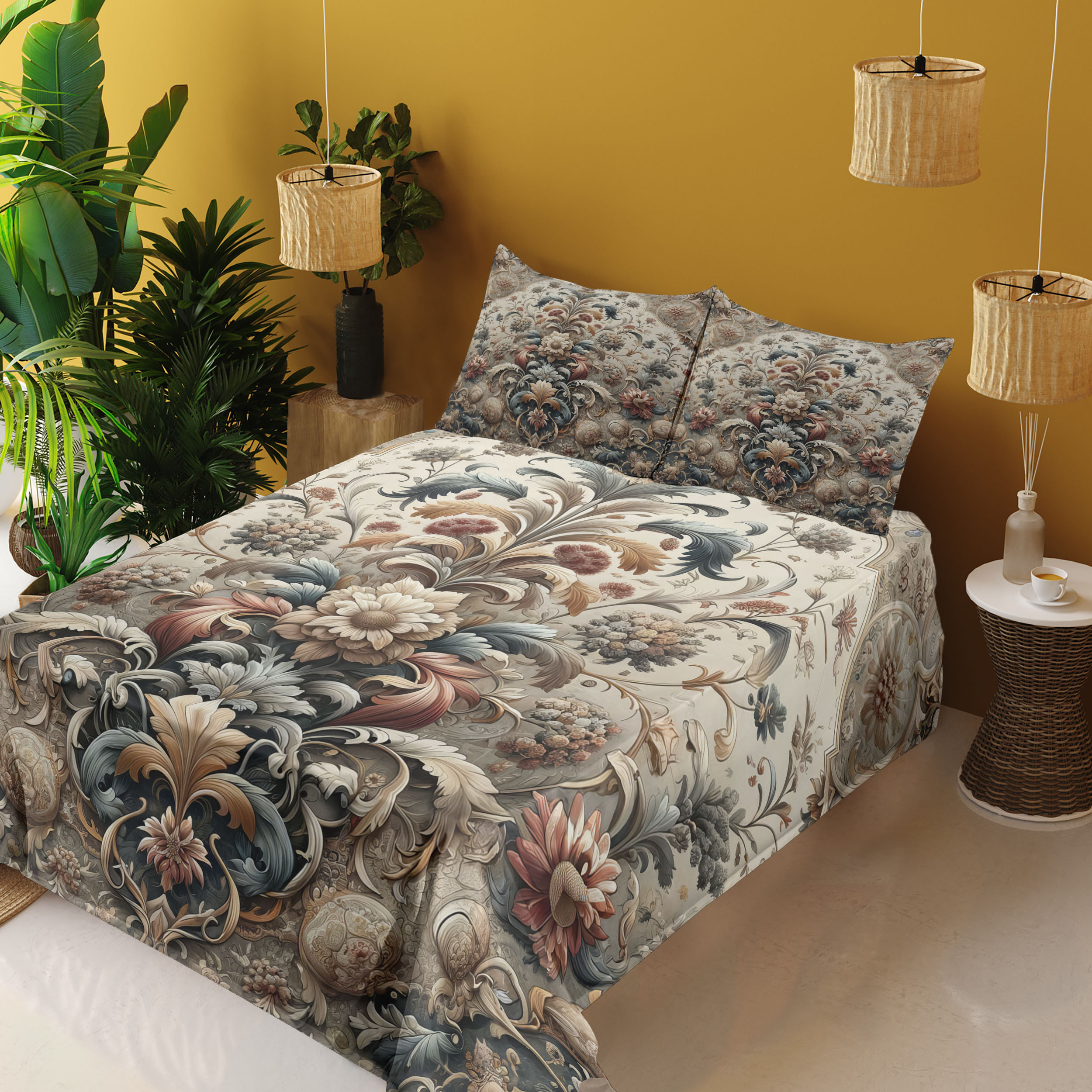 Ambesonne Rococo Sheet Set Palatial Flowers Posh Ethnic Tan Dark Blue ...