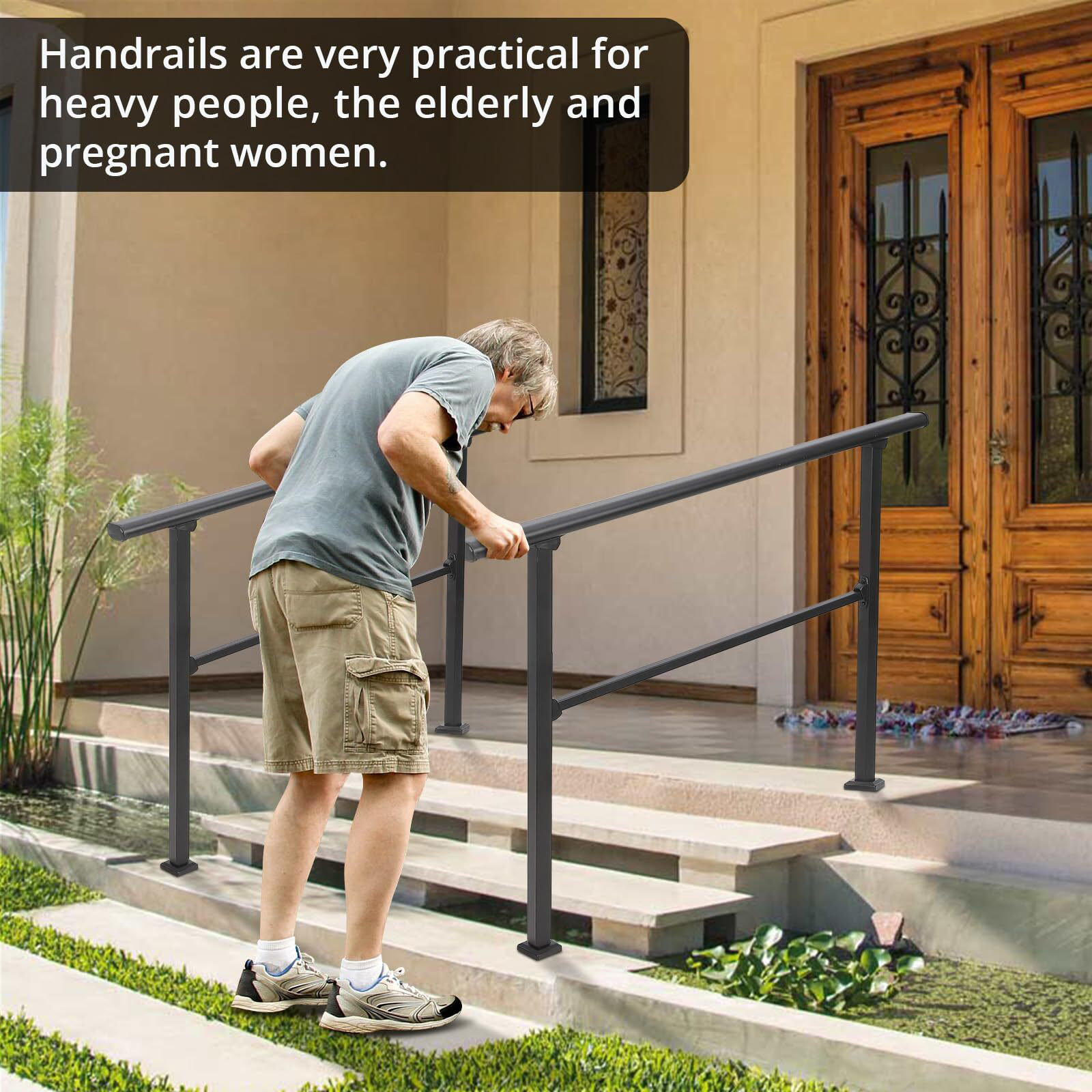 babevy 4 Step Stair Handrail, Outdoor Stair Railing Fits 3 To 4 Steps ...