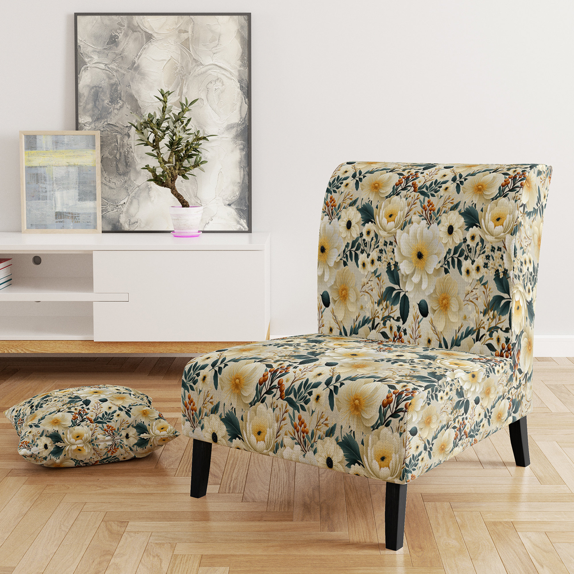 Red Barrel Studio® Ivory Boho Chic Floral Pattern I - Upholstered ...