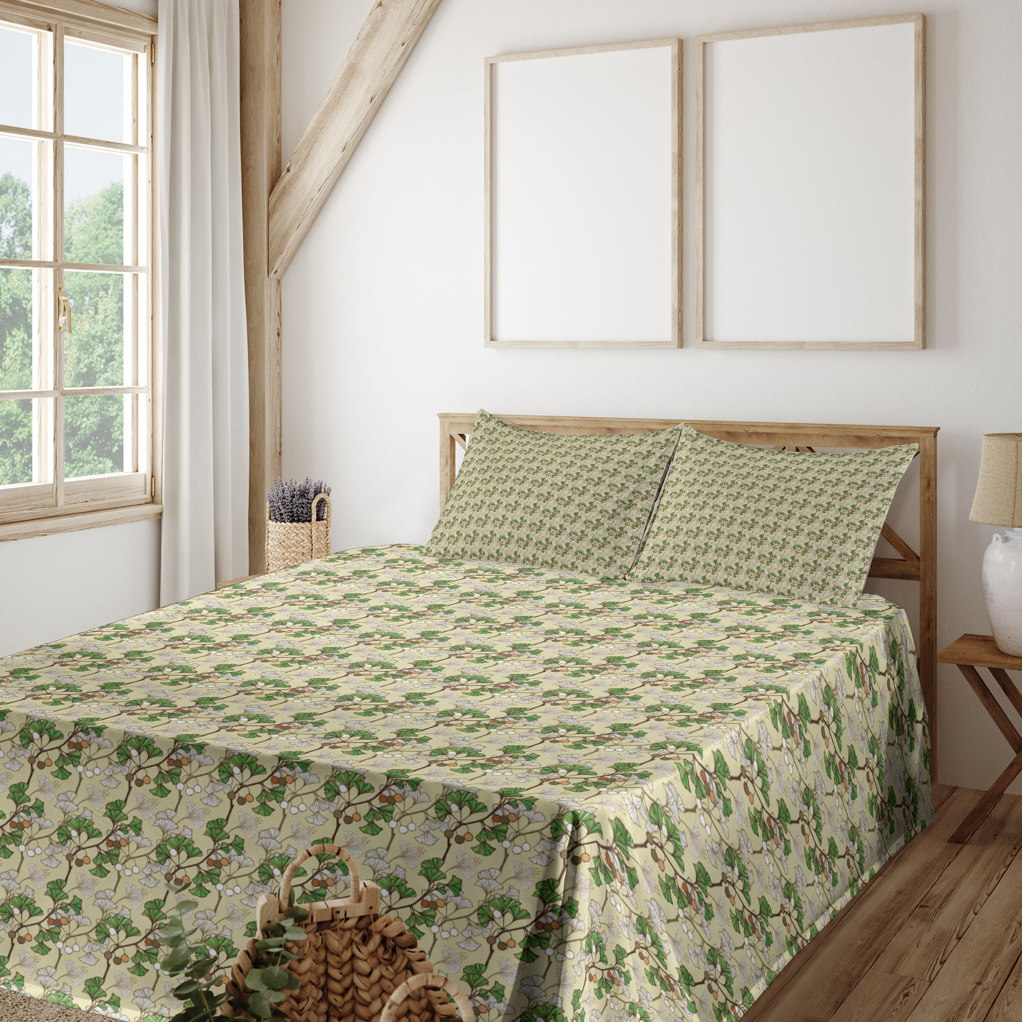 Ambesonne Vintage Sheet Set Repeating Ginkgo Leaves Art Fern Green Fawn ...