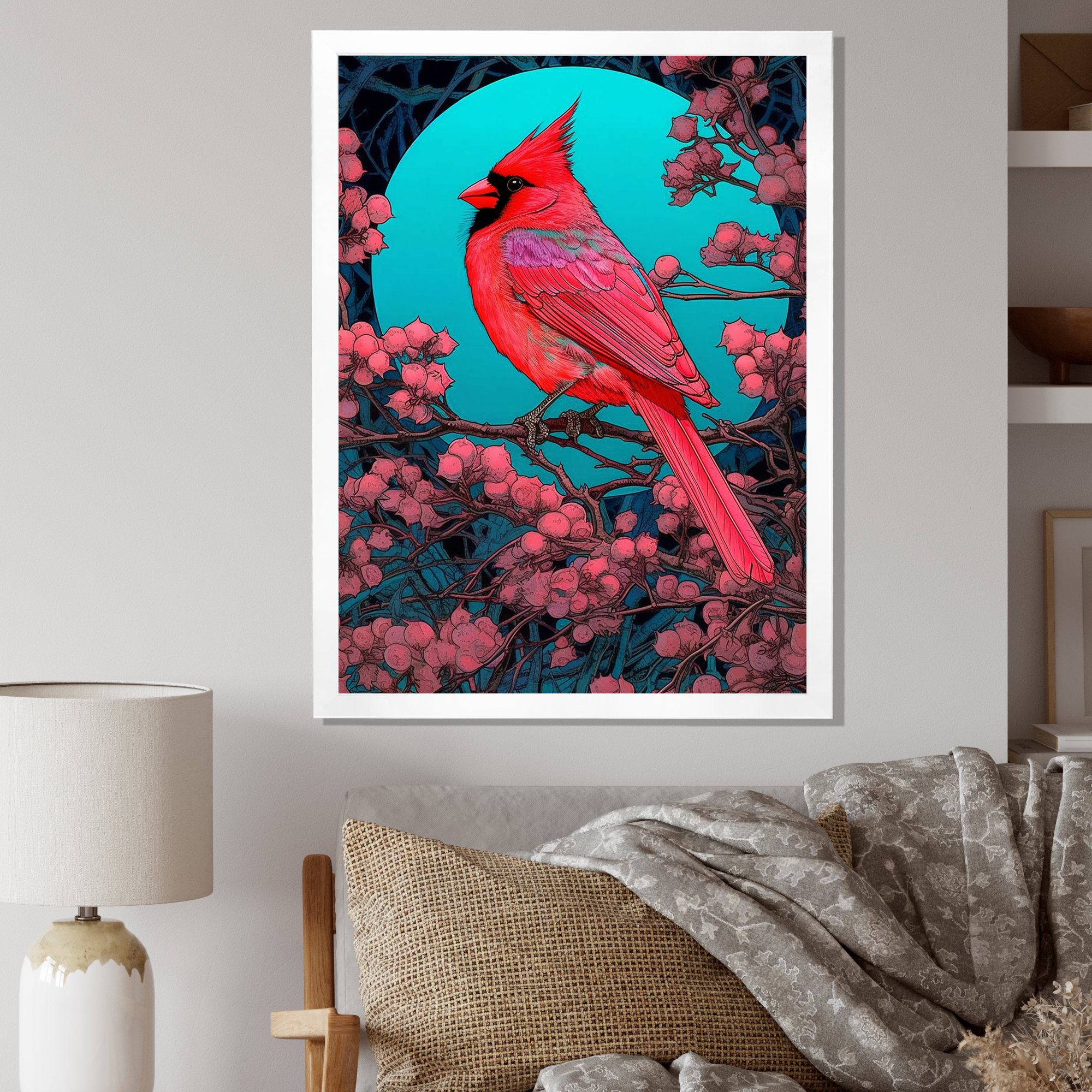 The Holiday Aisle® Red Cardinal Bird Under Full Moon - Animals Bird ...