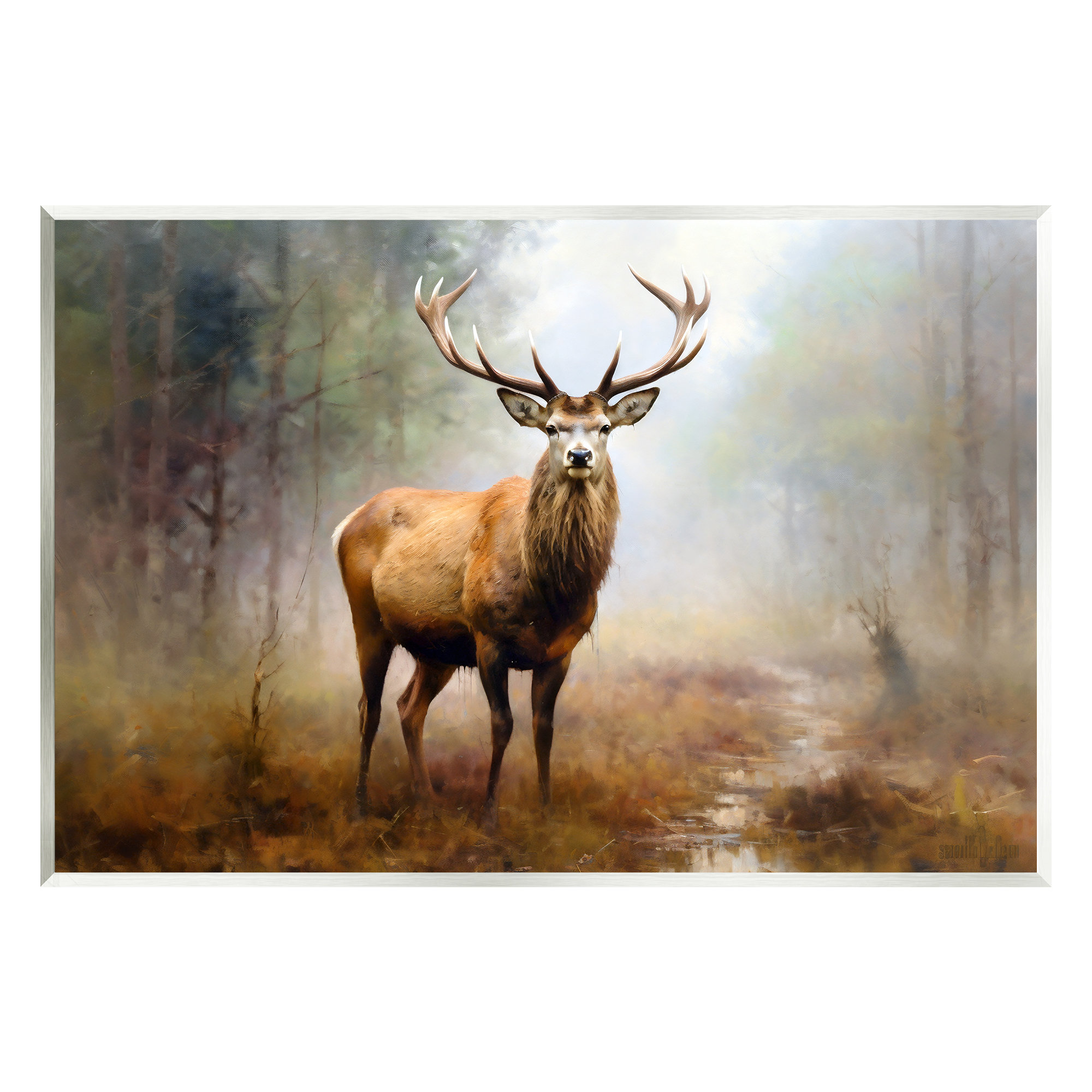 Stupell Industries Az-189-Framed Deer Woodland Trees Painting | Wayfair
