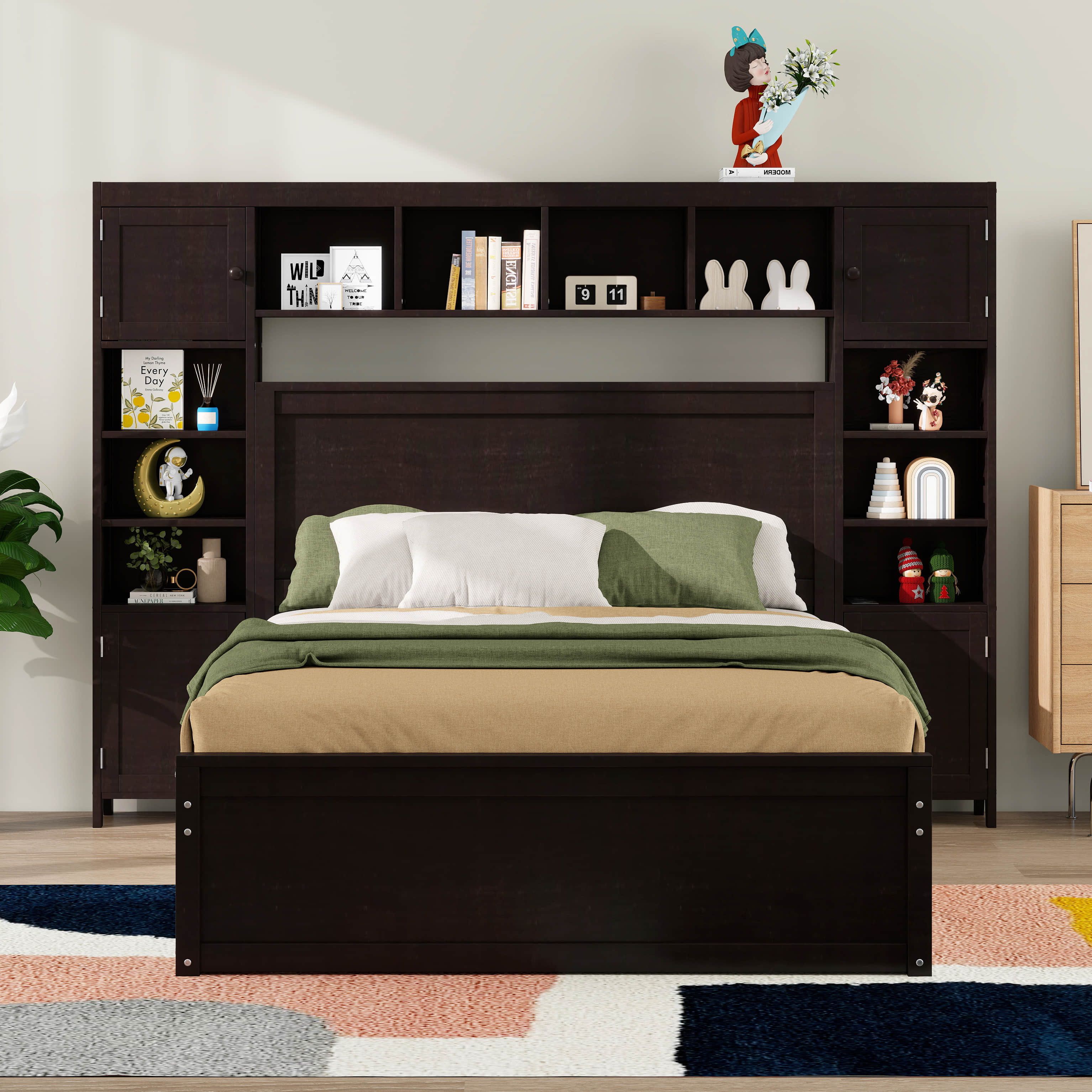 Red Barrel Studio® Full Size Wooden Bed With All-In-One Cabinet, Shelf ...