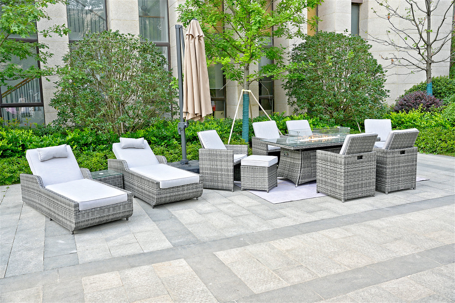 Moda Furnishings Balsam Gas Fire Pit Dining Table Set, 6 Chairs, 4 ...