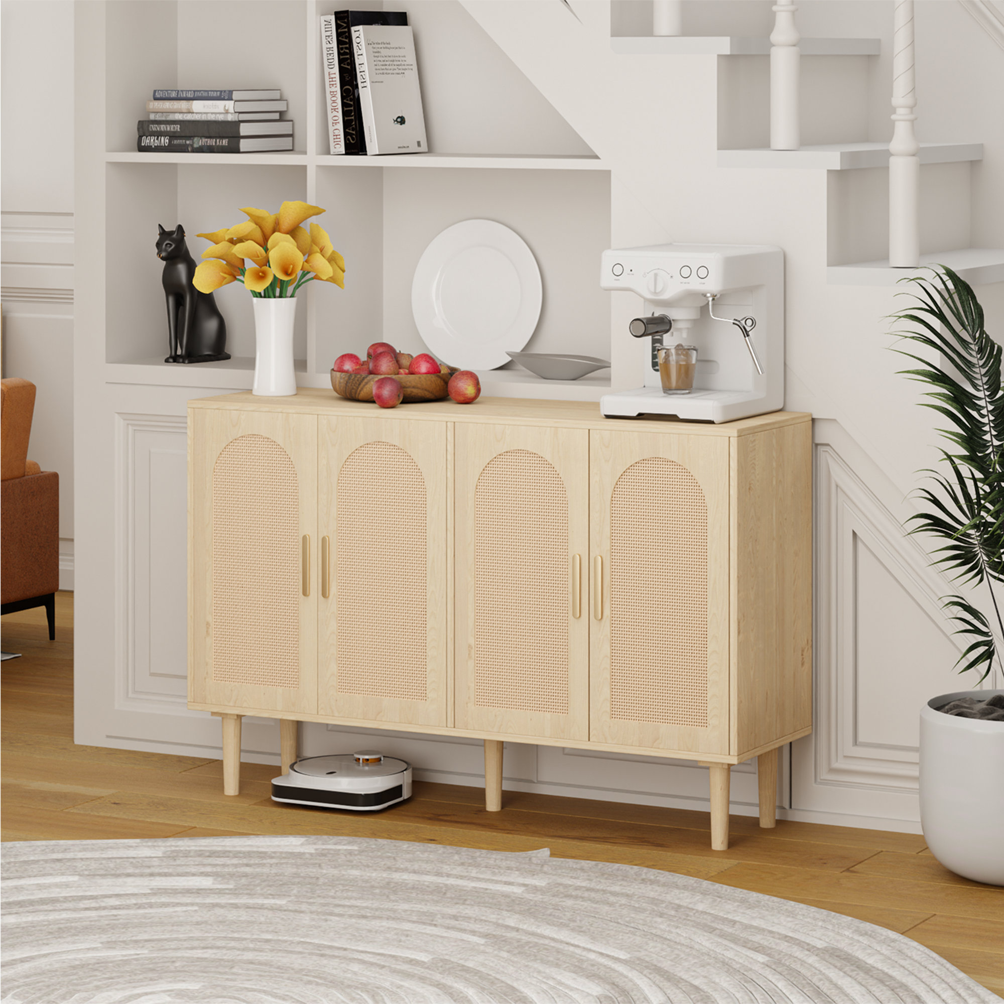 Ebern Designs Sideboard Buffet Cabinet, Kitchen Storage Cabinet With Rattan Doors, Cupboard ...
